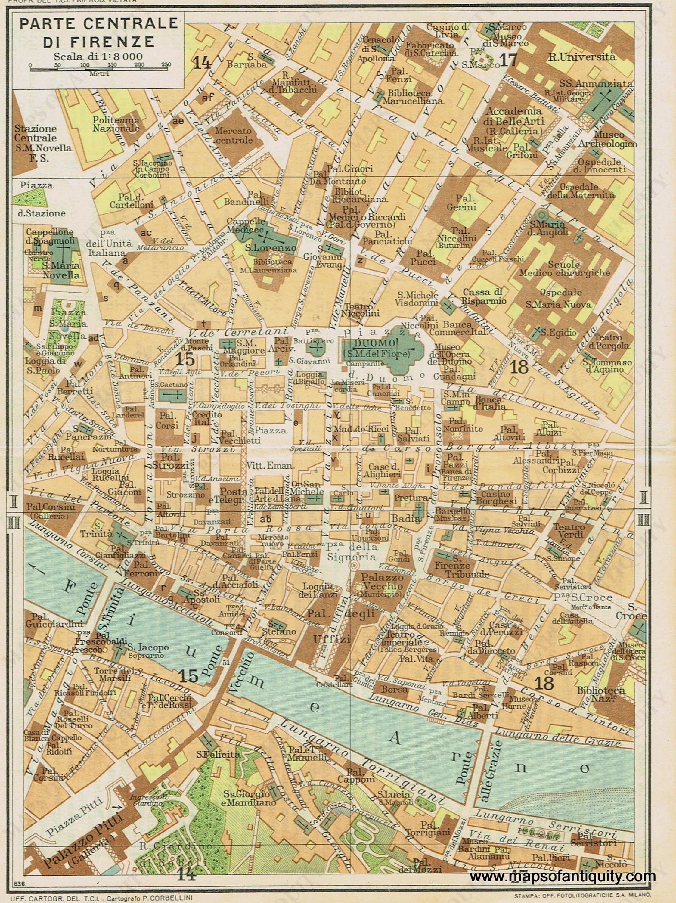 1937 Genuine Antique Map Parte Centrale di Firenze, (Florence) Italy ...