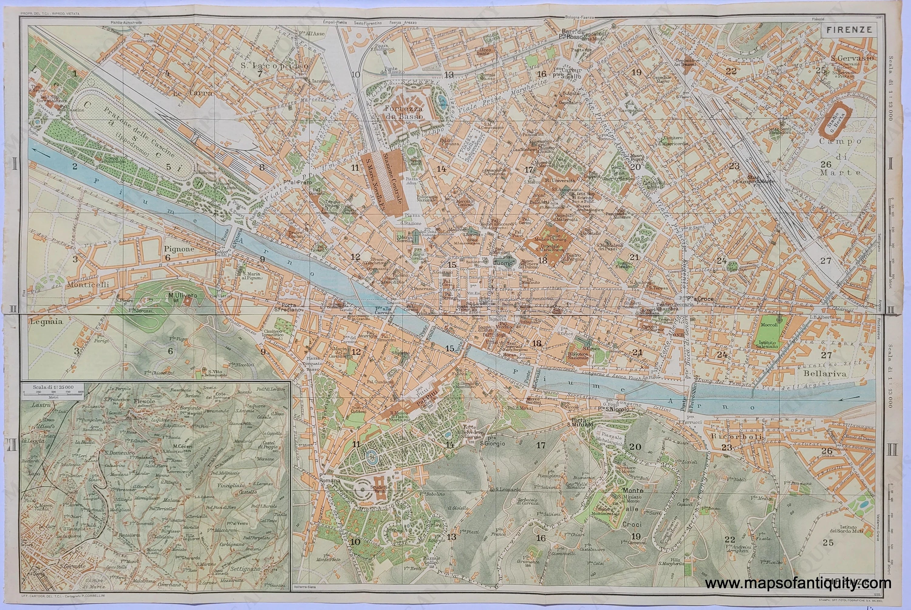 1937 Genuine Antique Map Firenze, (Florence) Italy – Maps of Antiquity