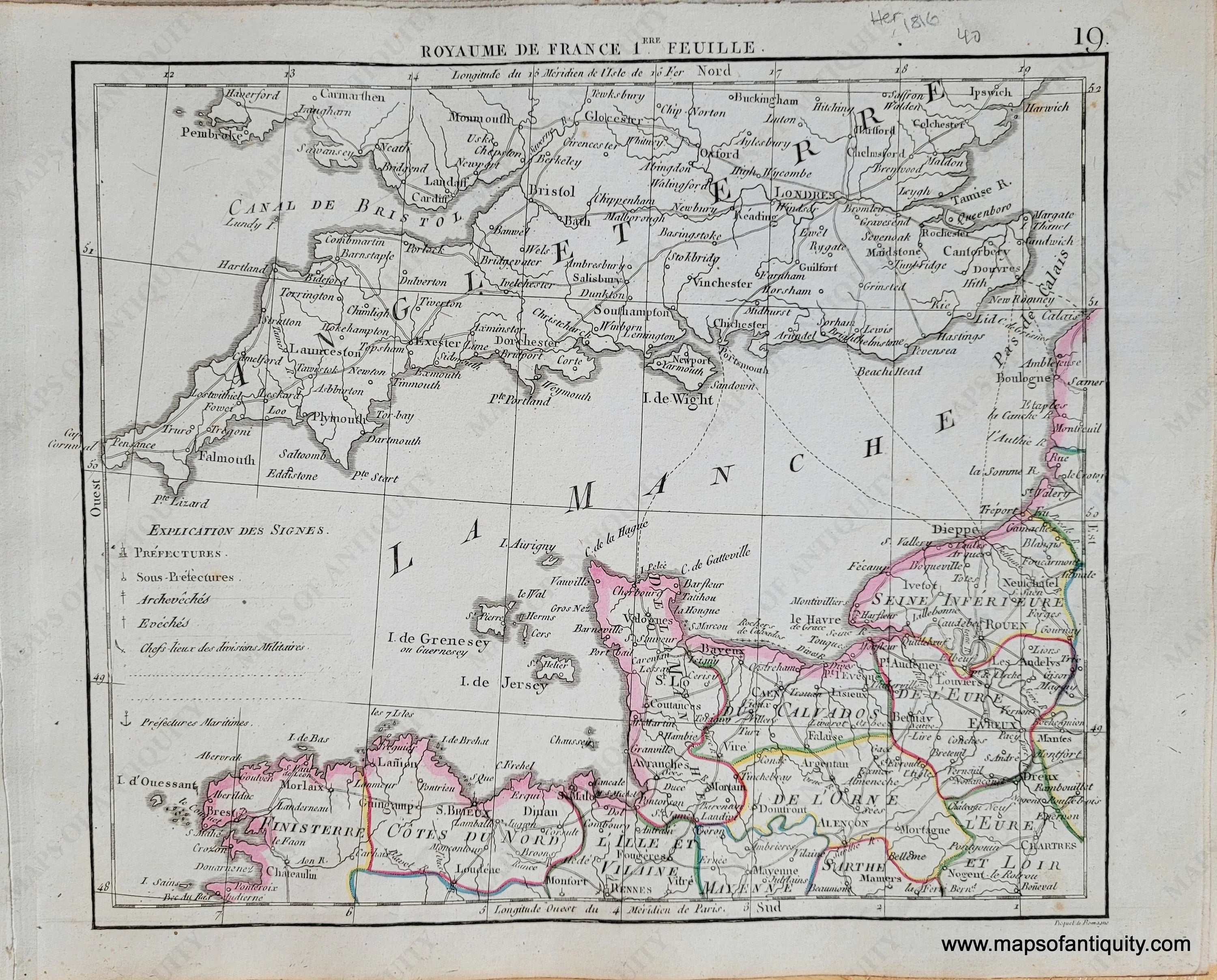 1816 Genuine Antique Map France in 6 sheets, Sheet 1 - Royaume de ...