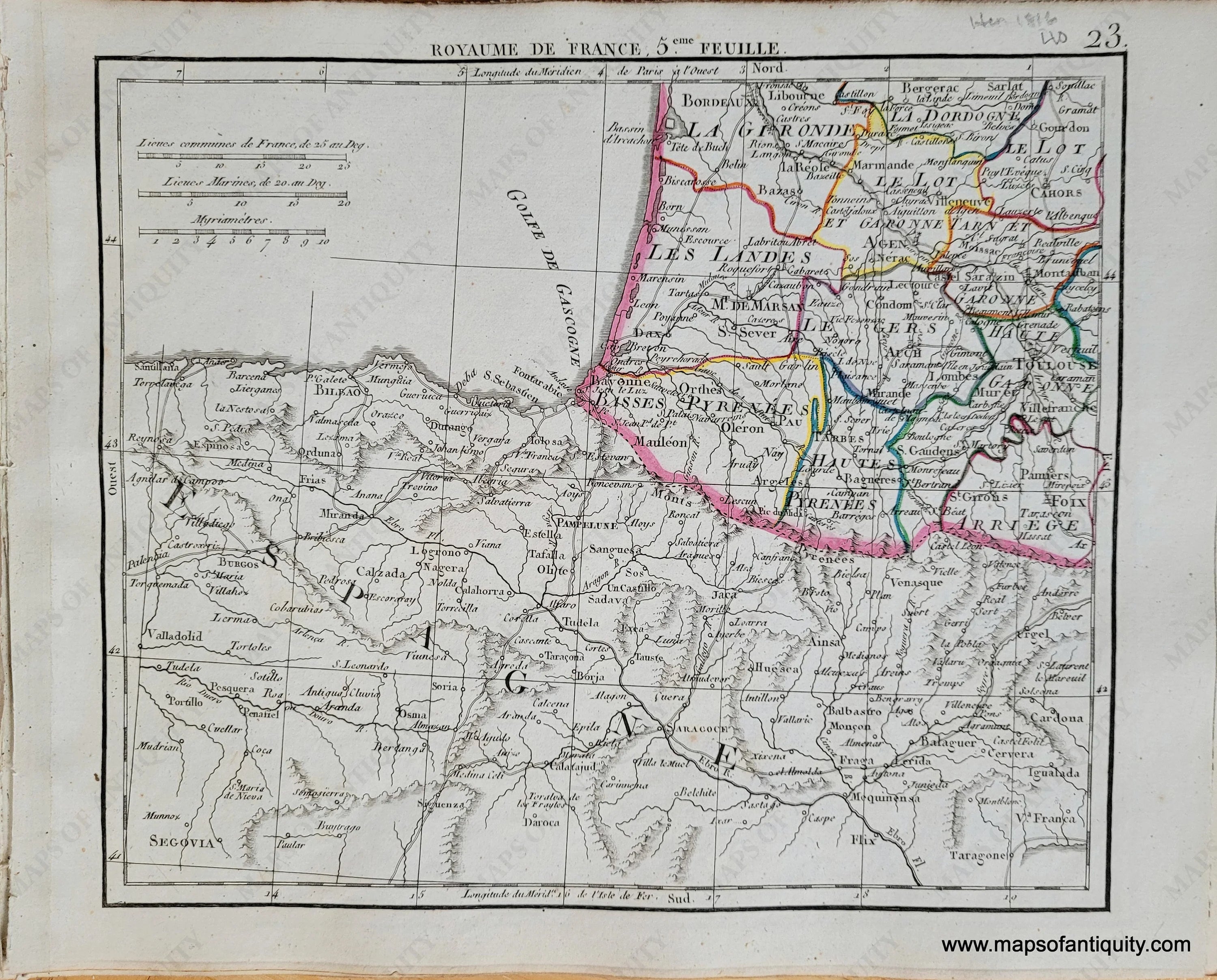 1816 Genuine Antique Map France in 6 sheets, Sheet 5 - Royaume de ...
