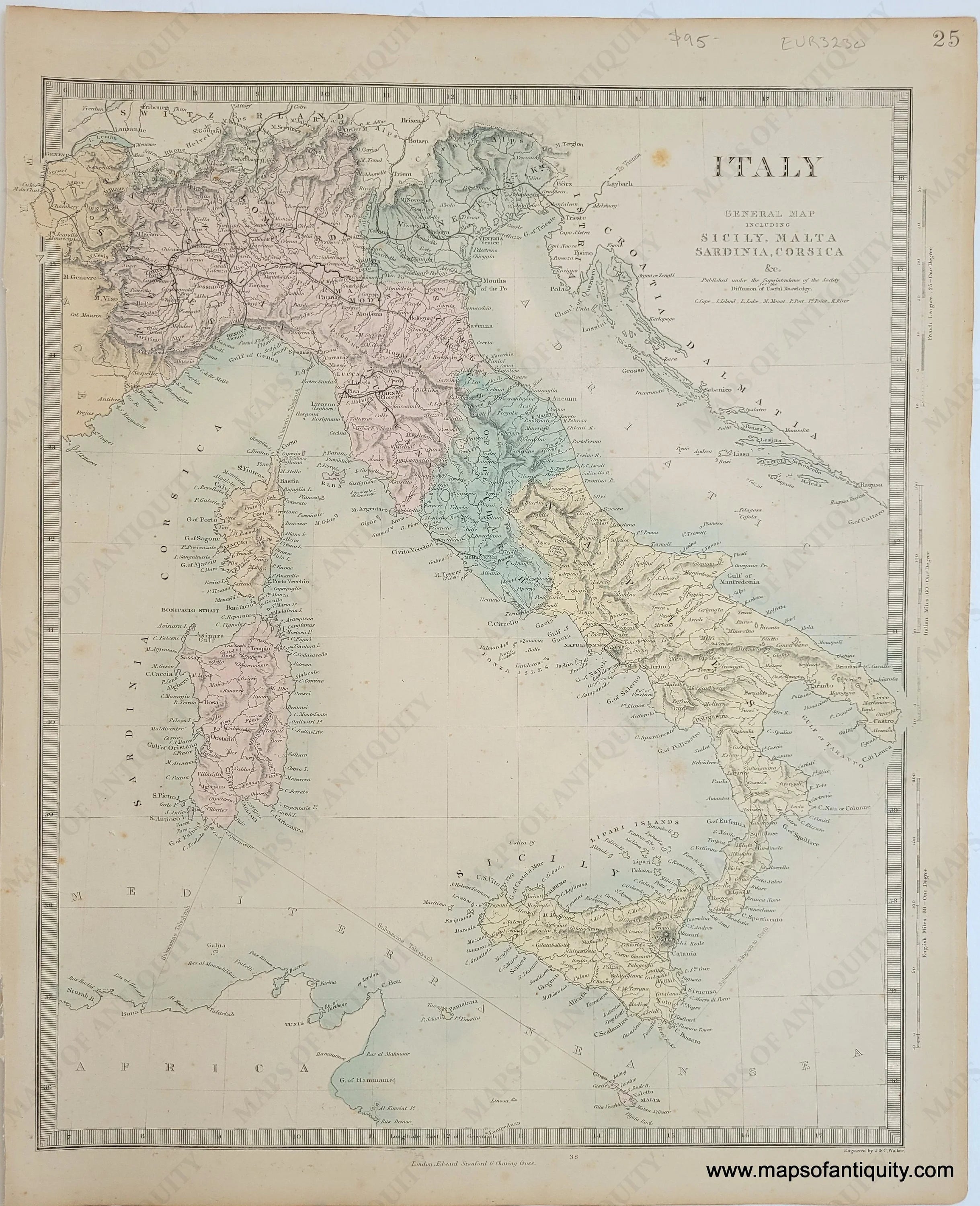 1860 Genuine Antique Map Italy, General Map Including Sicily, Malta ...