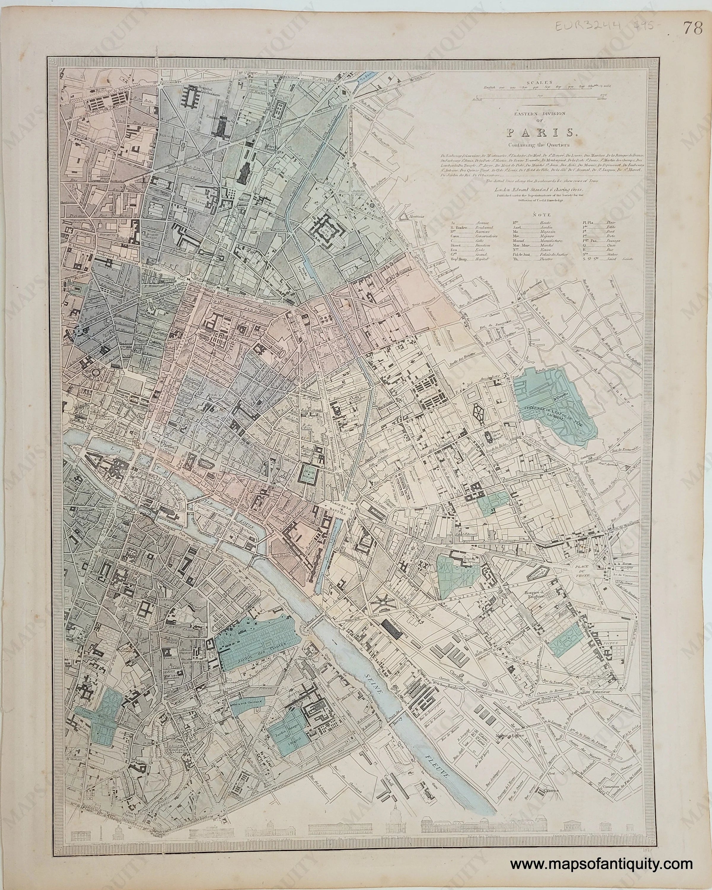 1860 Genuine Antique Map Eastern Division of Paris, containing the ...