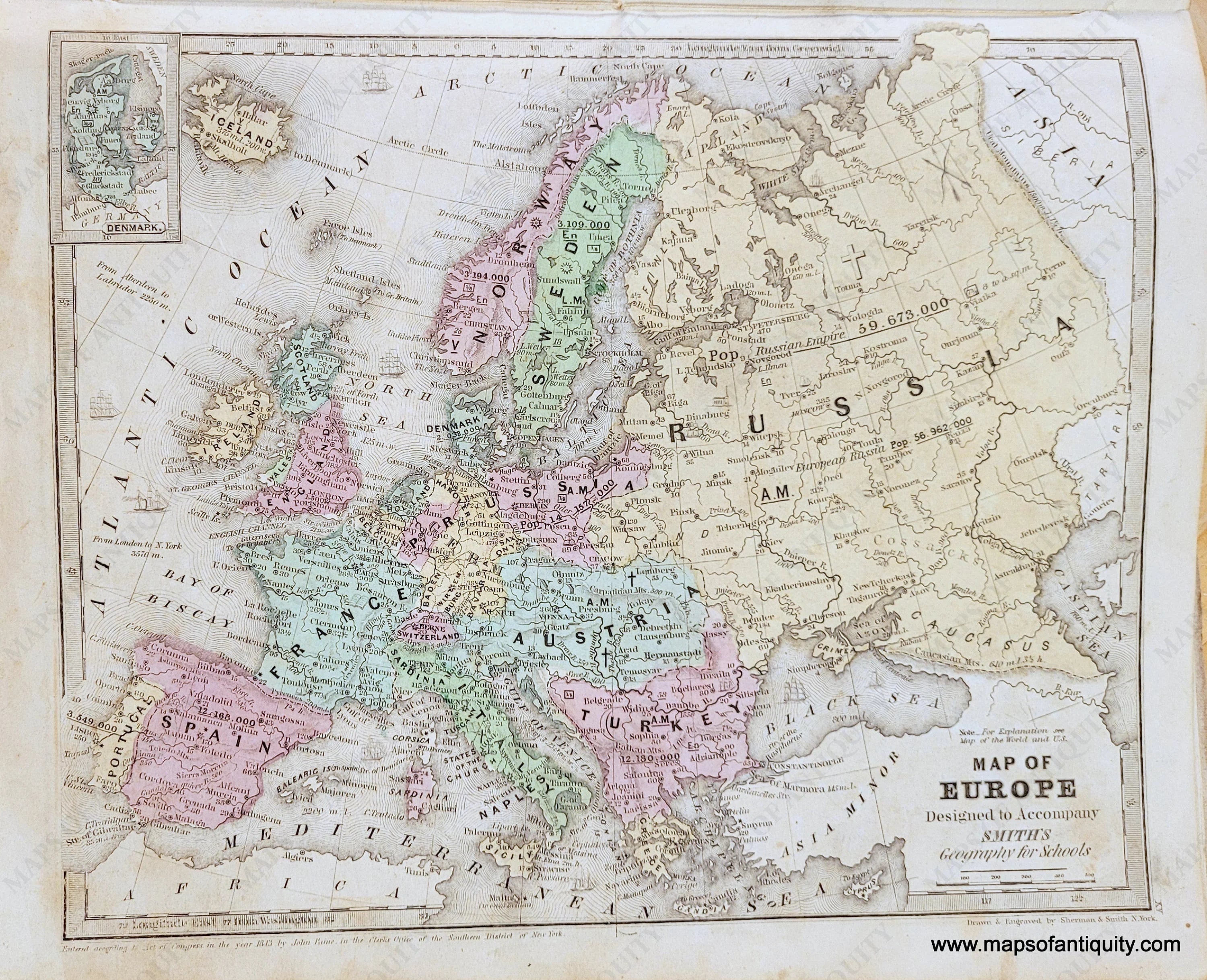 1839 Genuine Antique Map Map of Europe [with inset map of Denmark ...