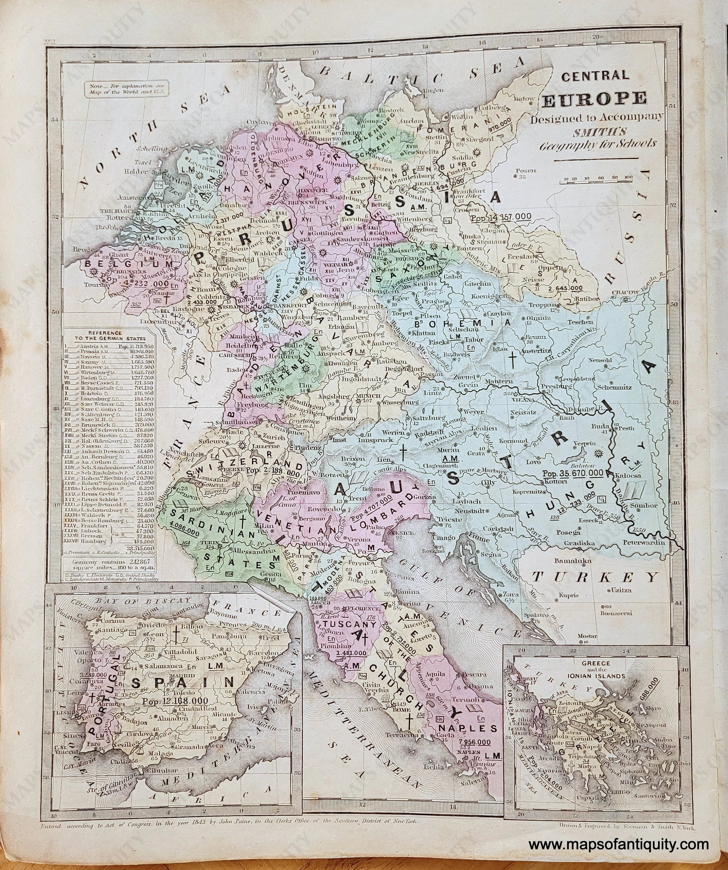 1839 Genuine Antique Map Central Europe [with inset maps of Spain and ...