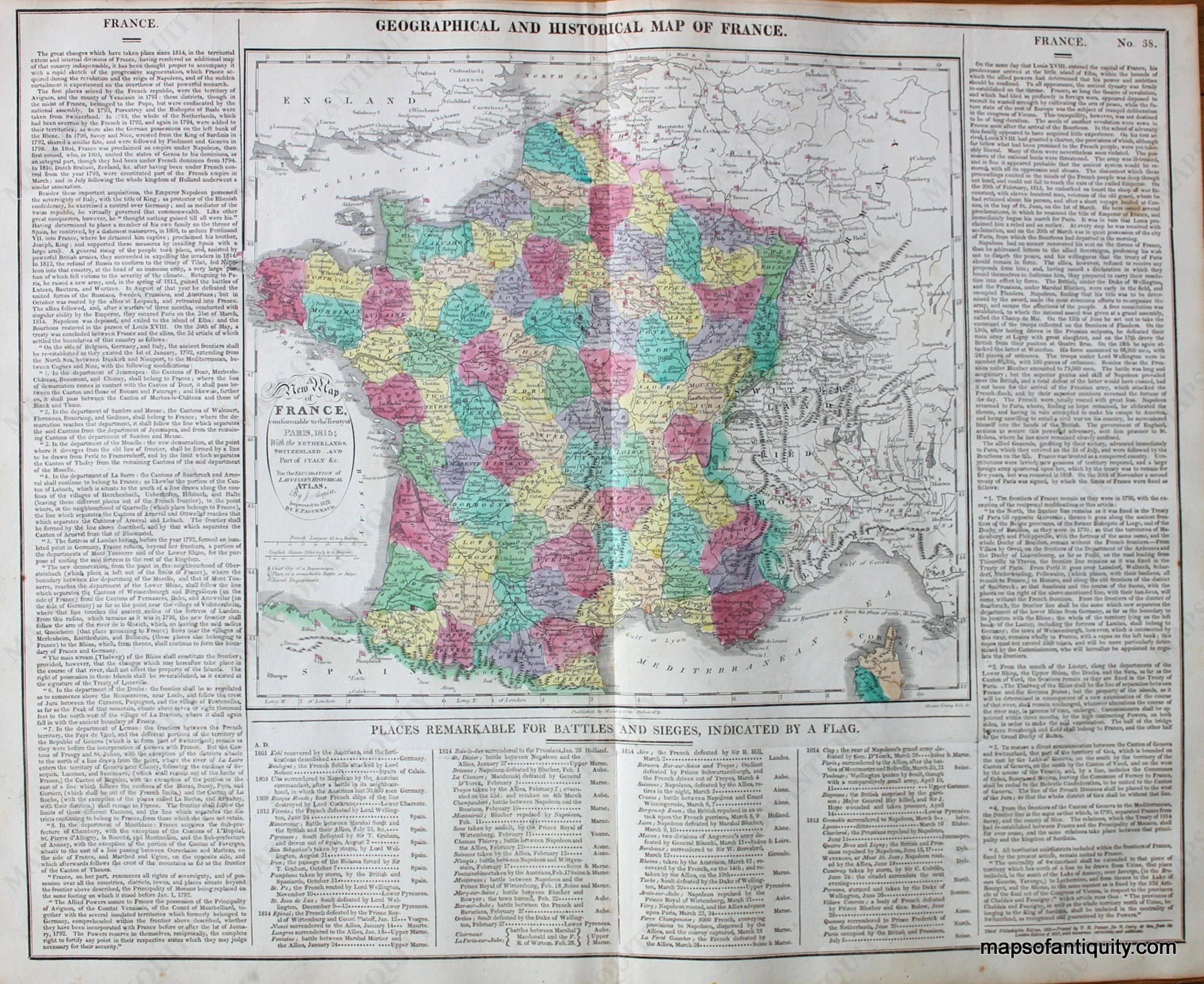 1821 - Geographical and Historical Map of France. No. 38. - Antique Ma ...