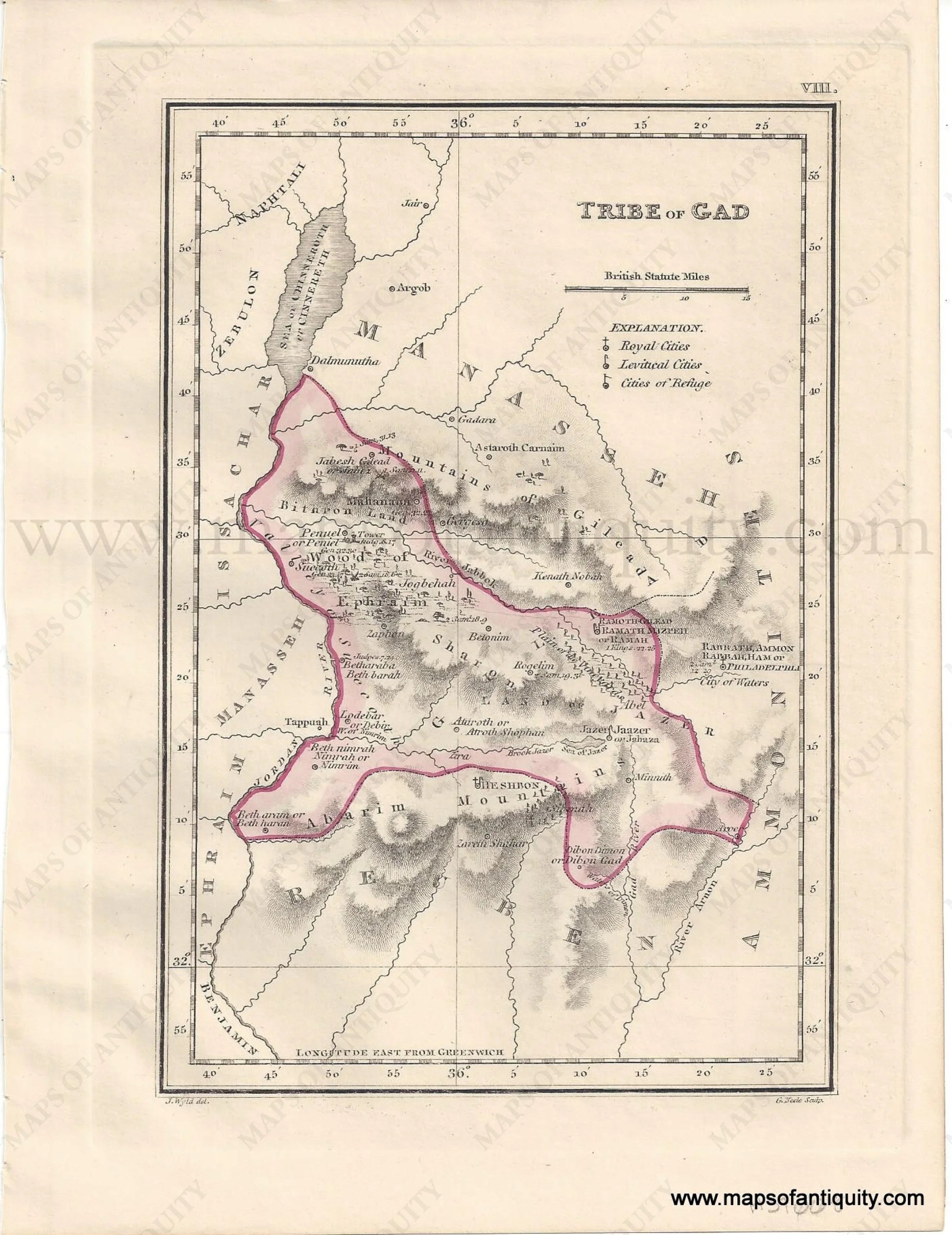 1823 - Tribe of Gad, on an extended scale - Antique Map – Maps of Antiquity