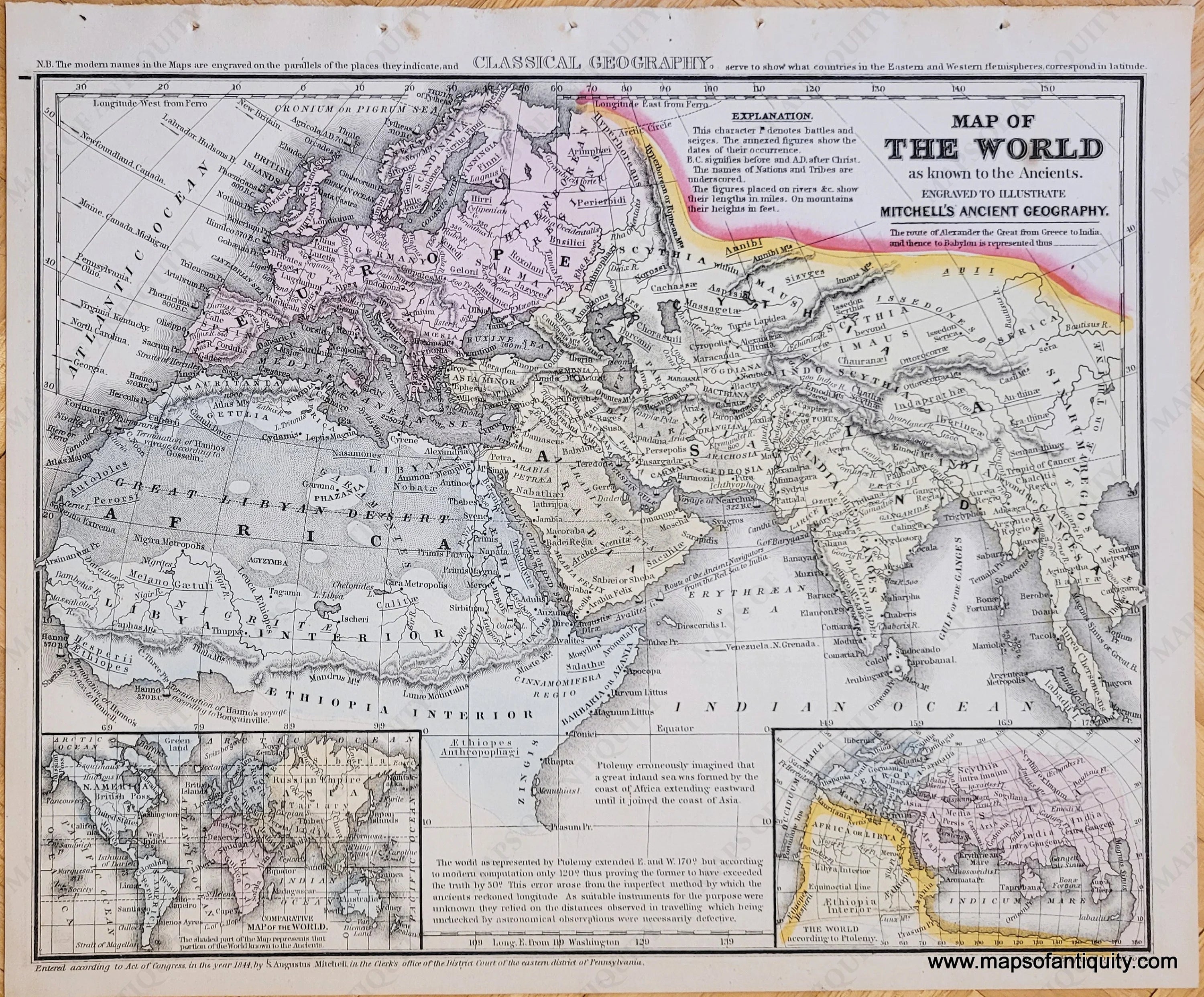1871 Genuine Antique Map Map of the World as known to the Ancients ...