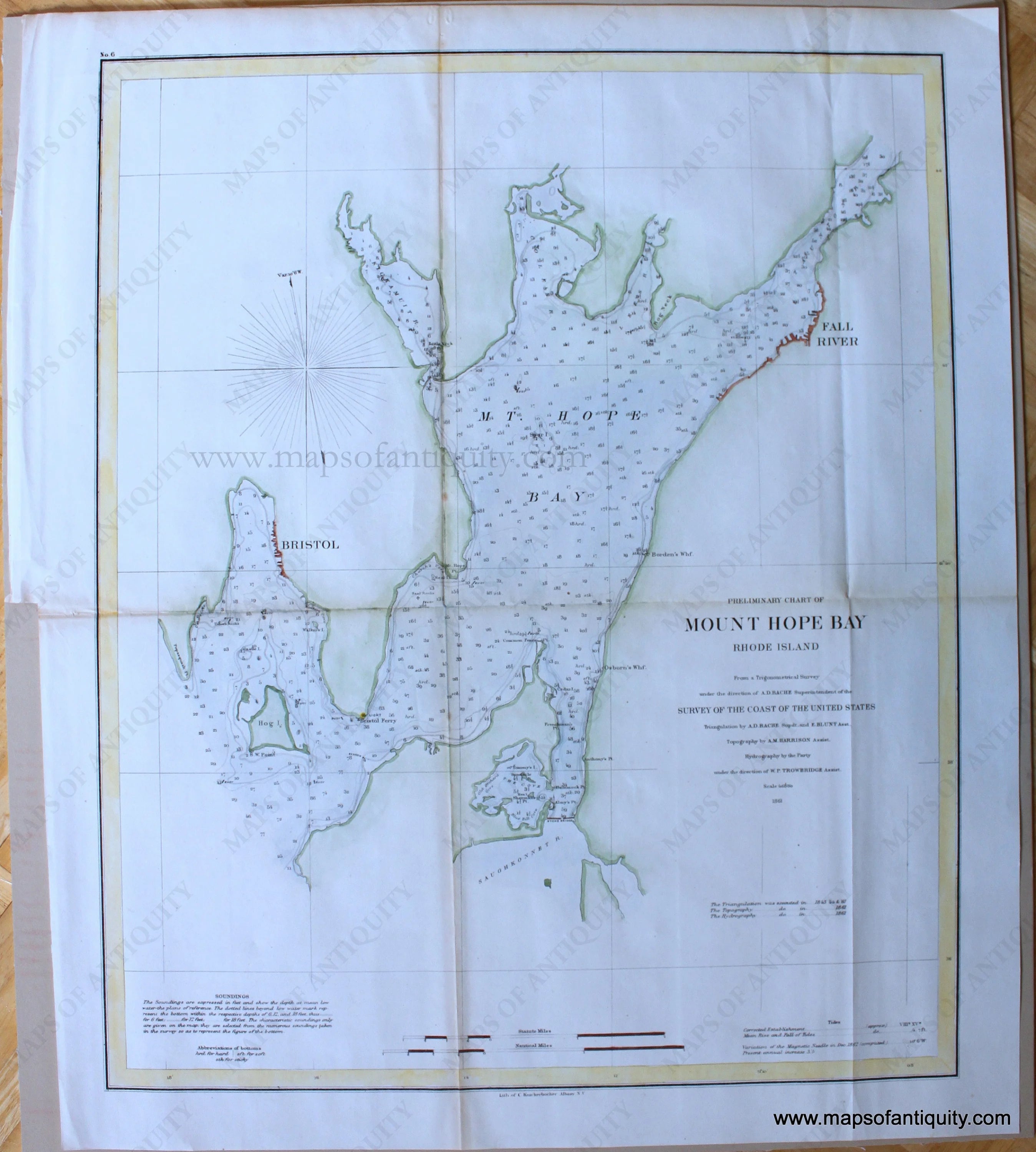 1861 - Preliminary Chart of Mount Hope Bay Rhode Island - Antique Char ...