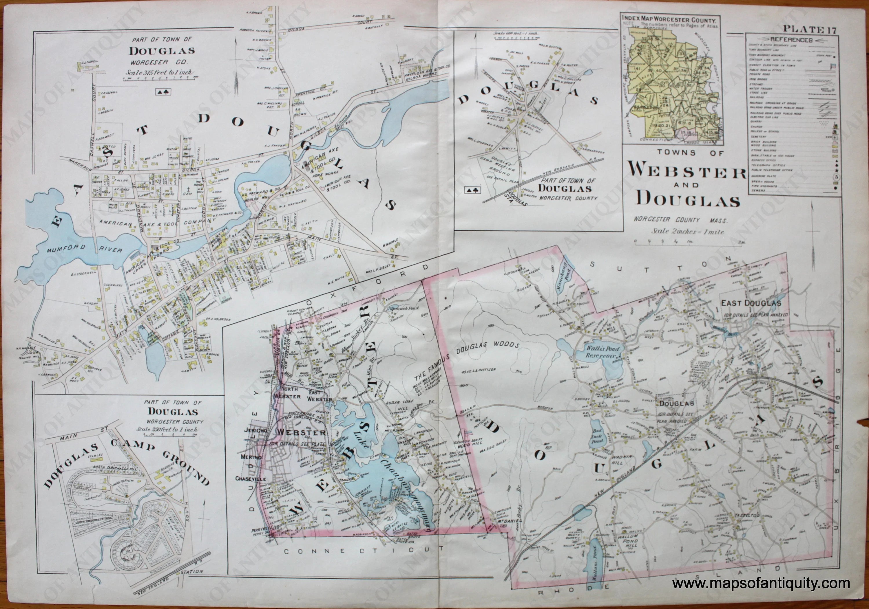 1898 - Towns of Webster and Douglas Plate 17 (MA) - Antique Map – Maps ...