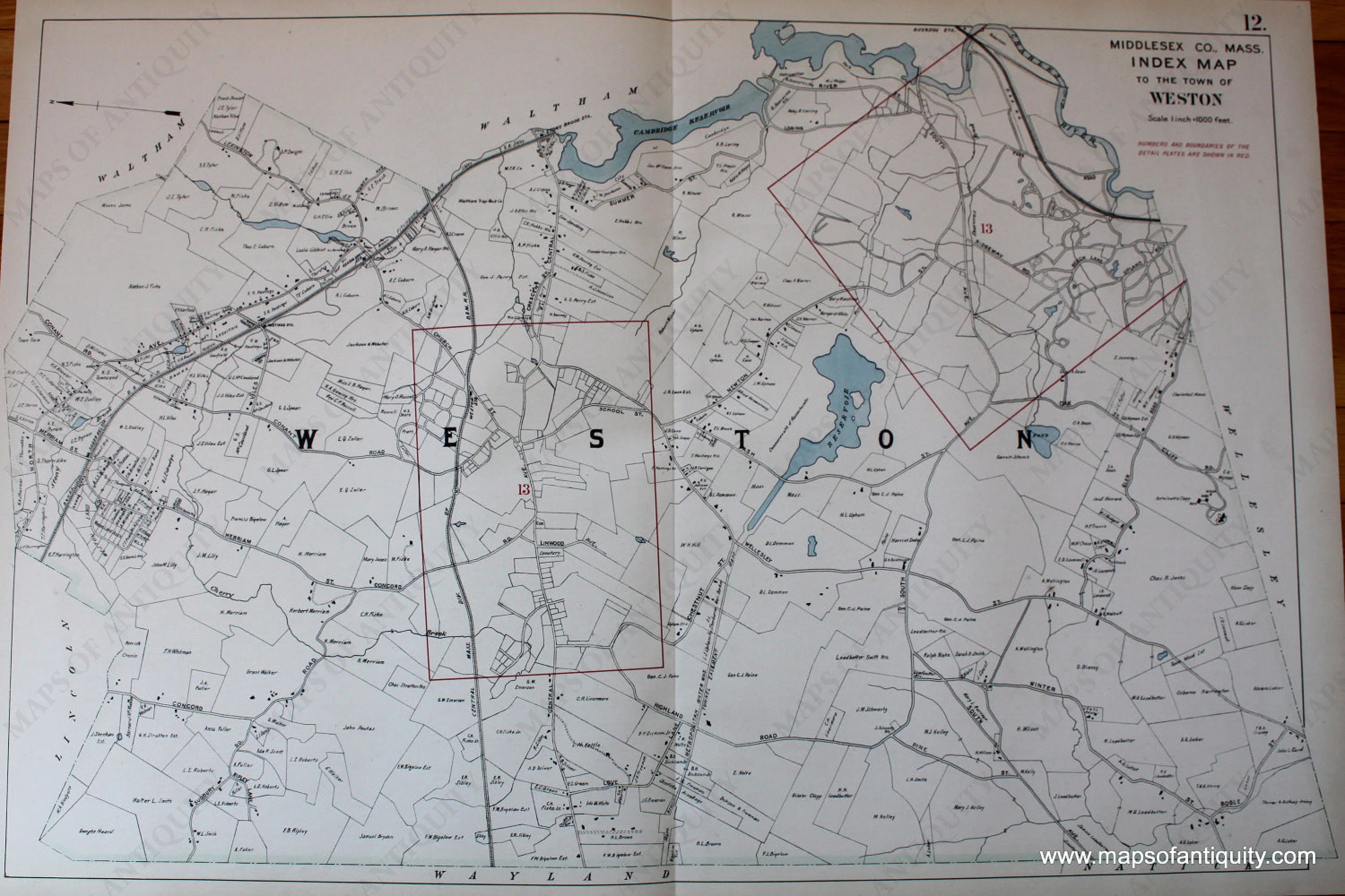 1908 - Index Map to the town of Weston - Antique Map – Maps of Antiquity