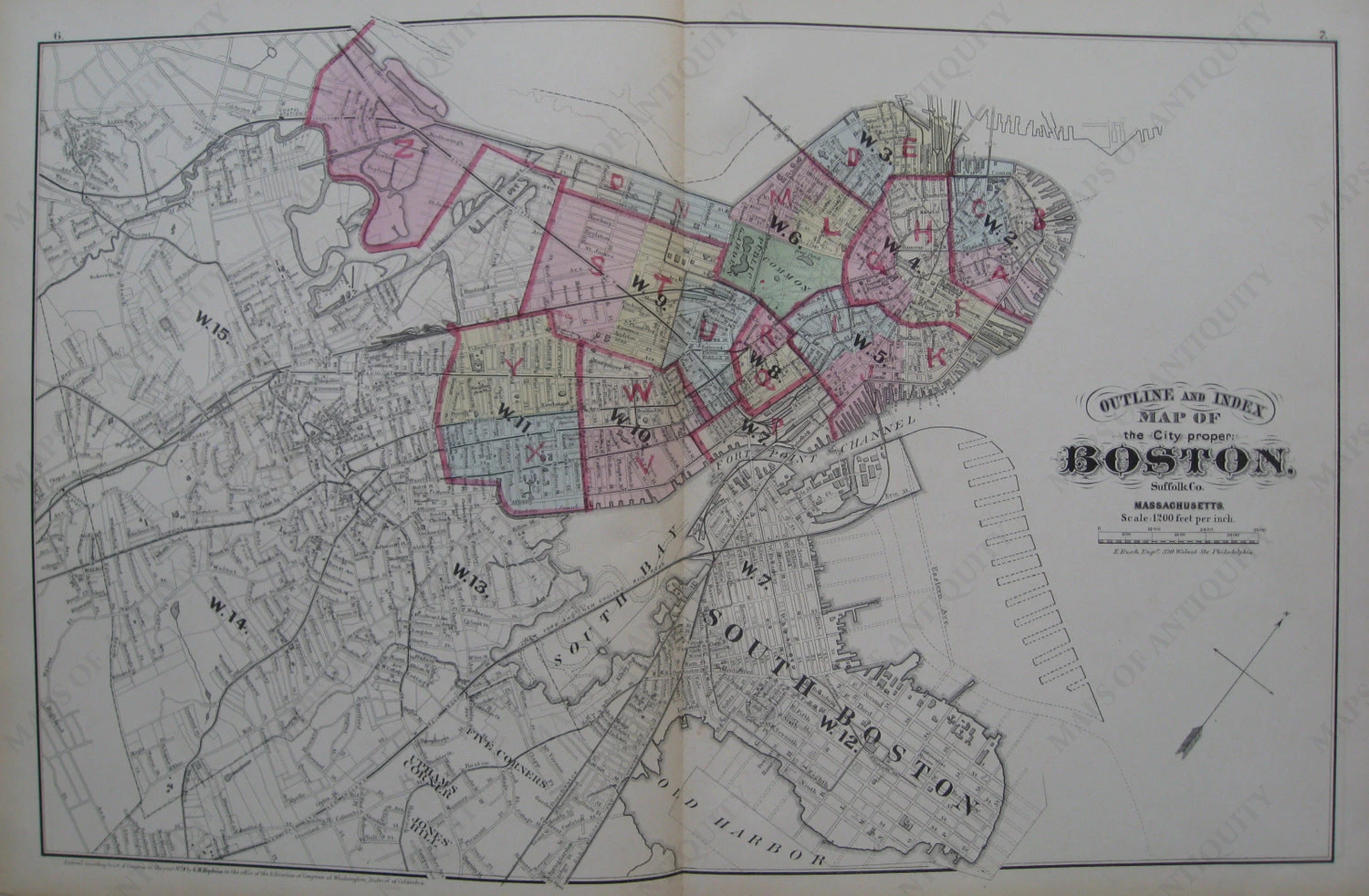 1874 - Outline and Index Map of the City Proper: Boston - Antique Map ...