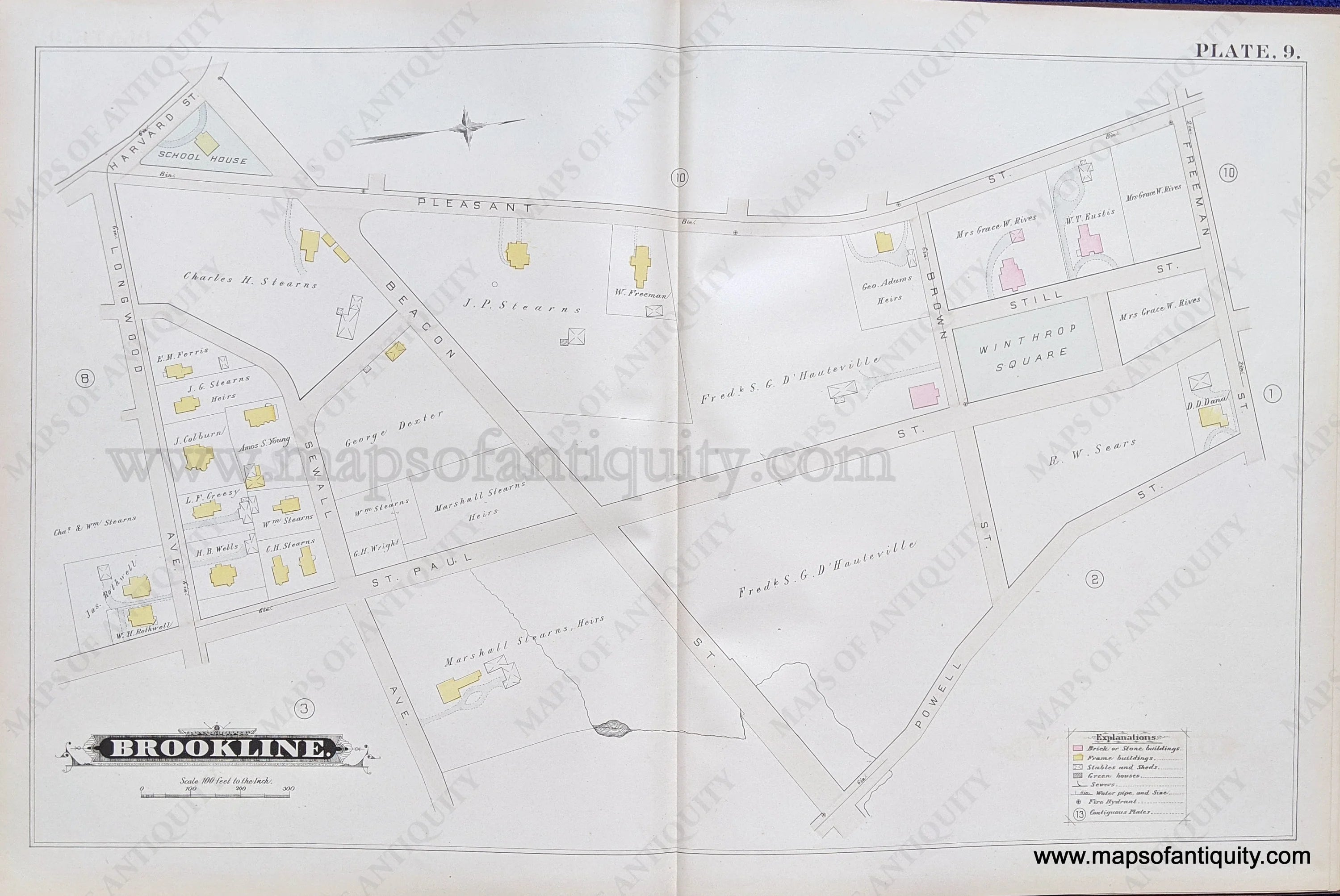 1884 - Brookline, Mass. Plate 9 - Antique Map – Maps of Antiquity