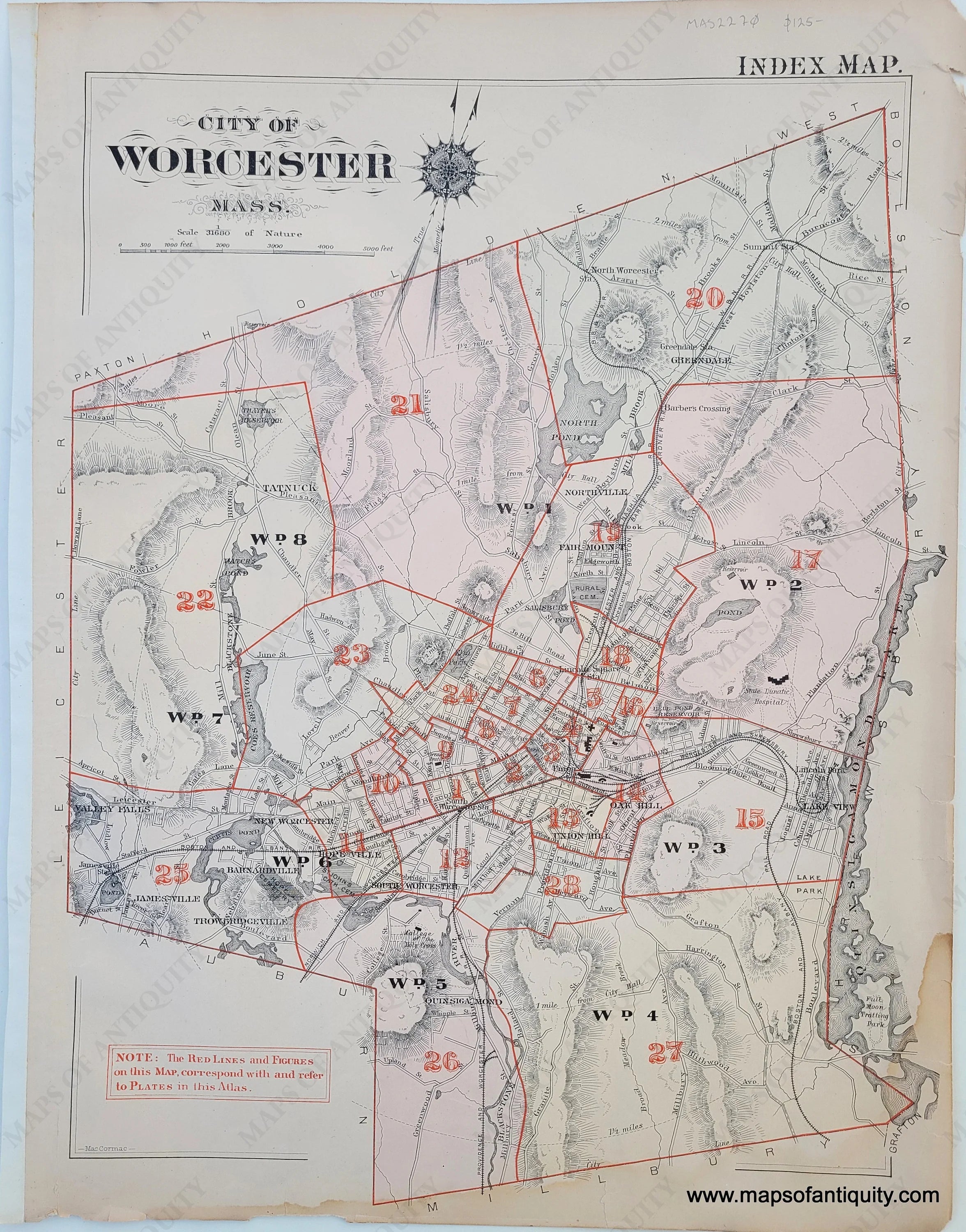Antique Map City of Worcester Massachusetts 1886 Hopkins Ward street ...