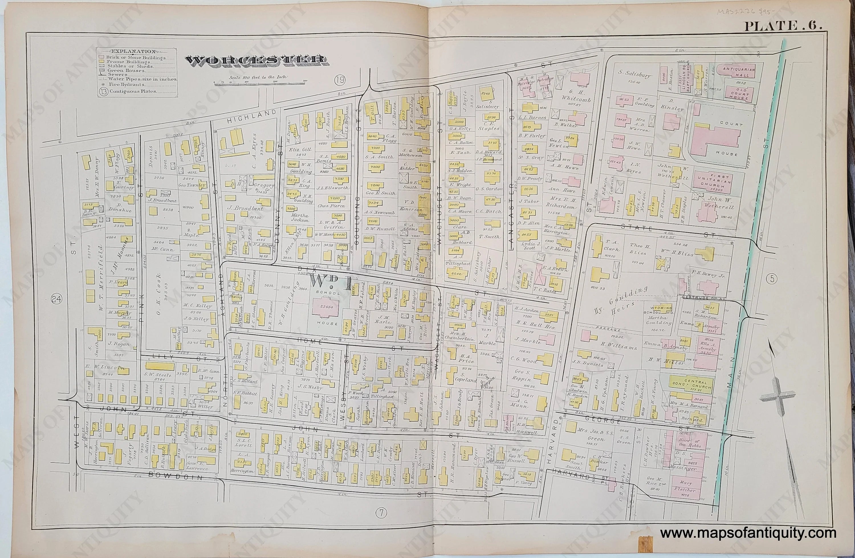 Antique Map City of Worcester Massachusetts 1886 Hopkins Ward street ...