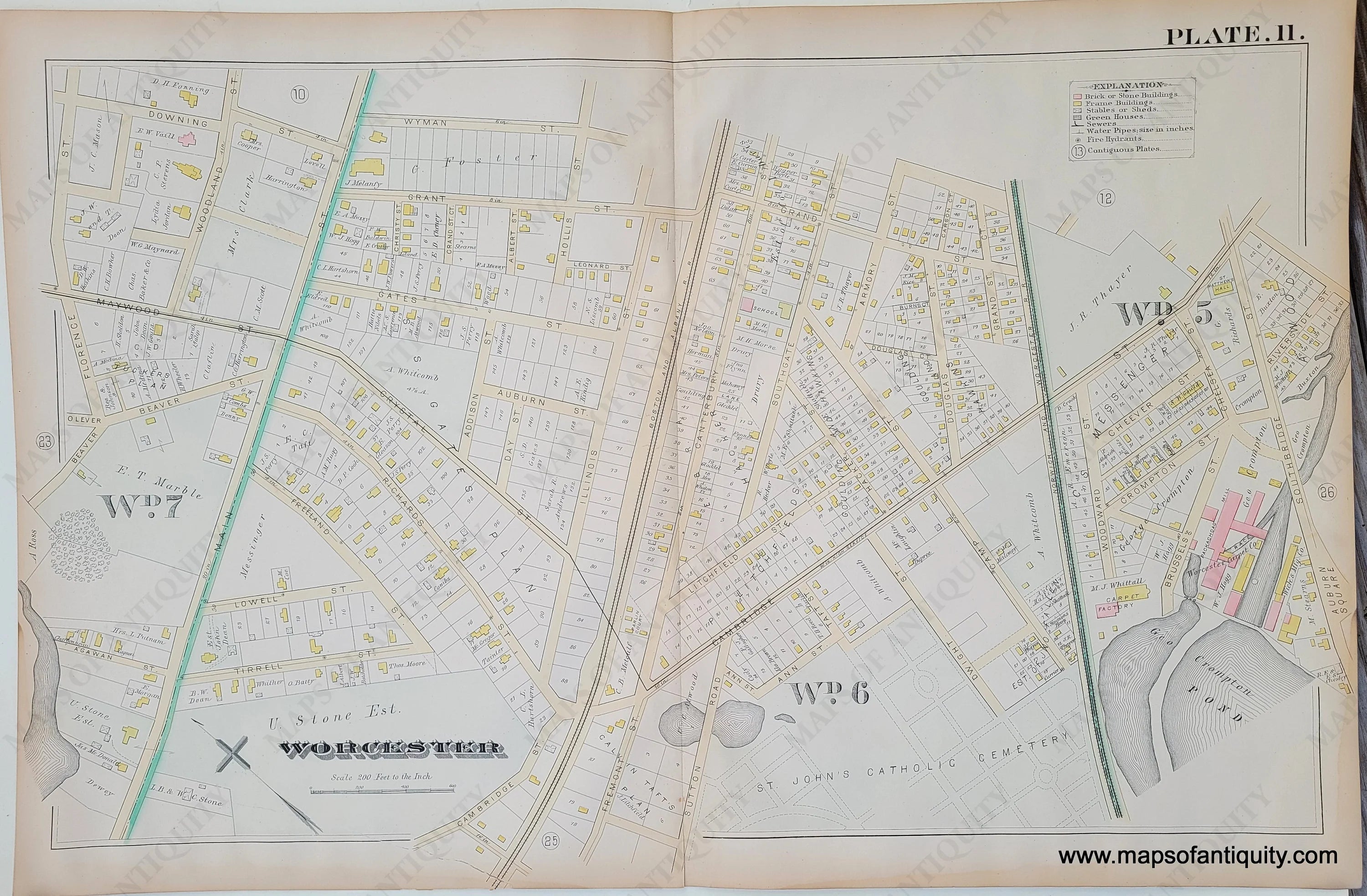 Antique Map City of Worcester Massachusetts 1886 Hopkins Ward street ...