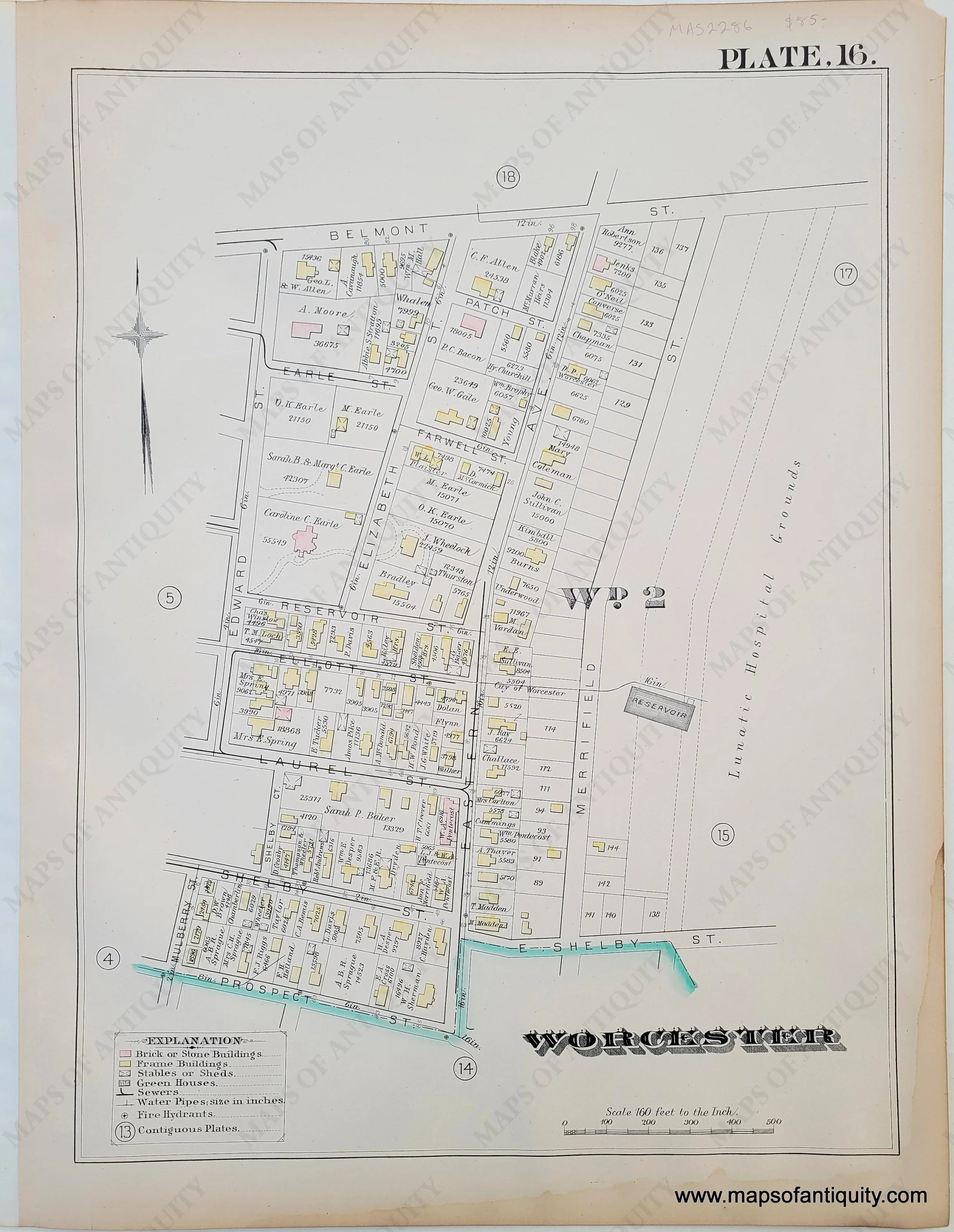 Antique Map City of Worcester Massachusetts 1886 Hopkins Ward street ...