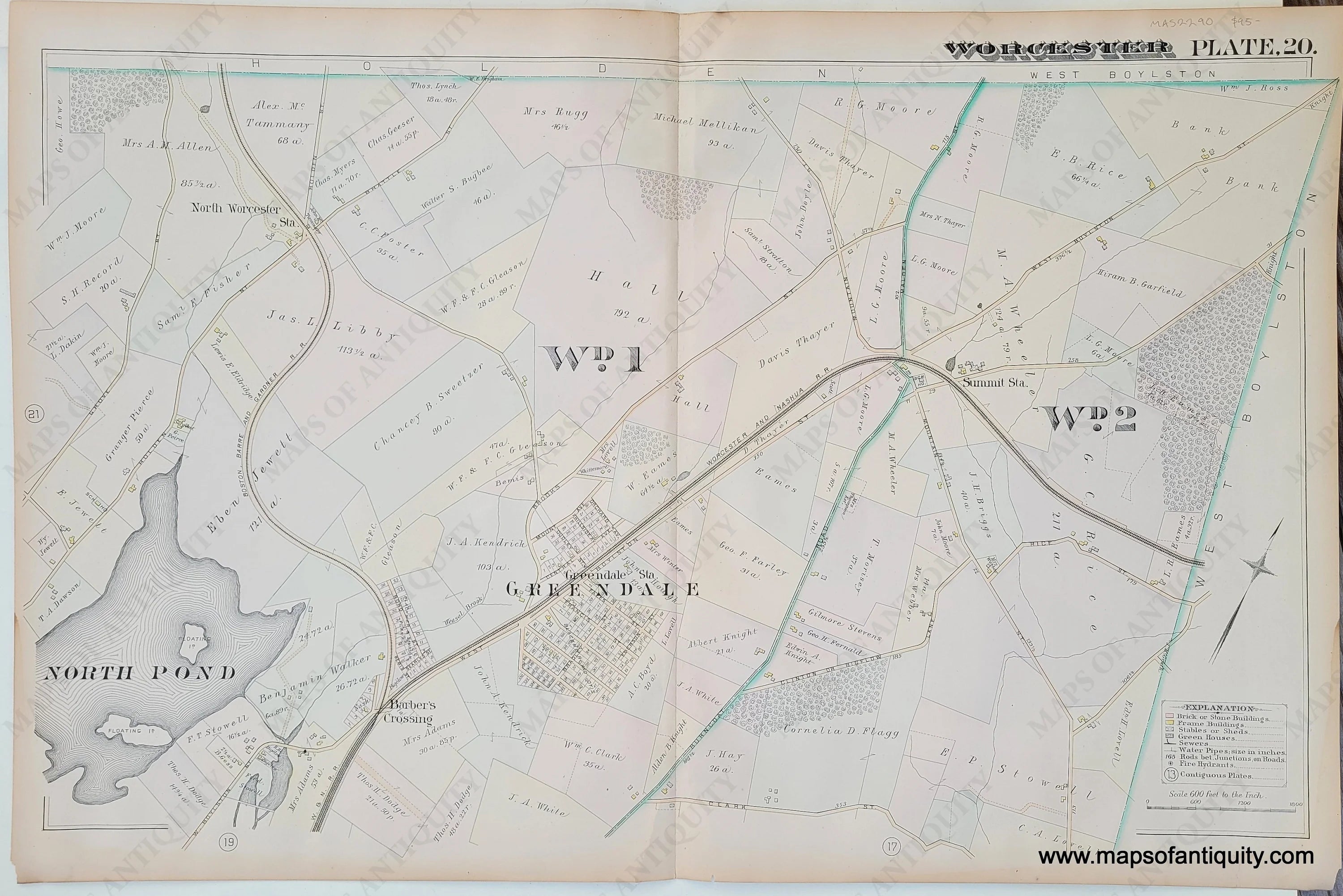 Antique Map City of Worcester Massachusetts 1886 Hopkins Ward street ...