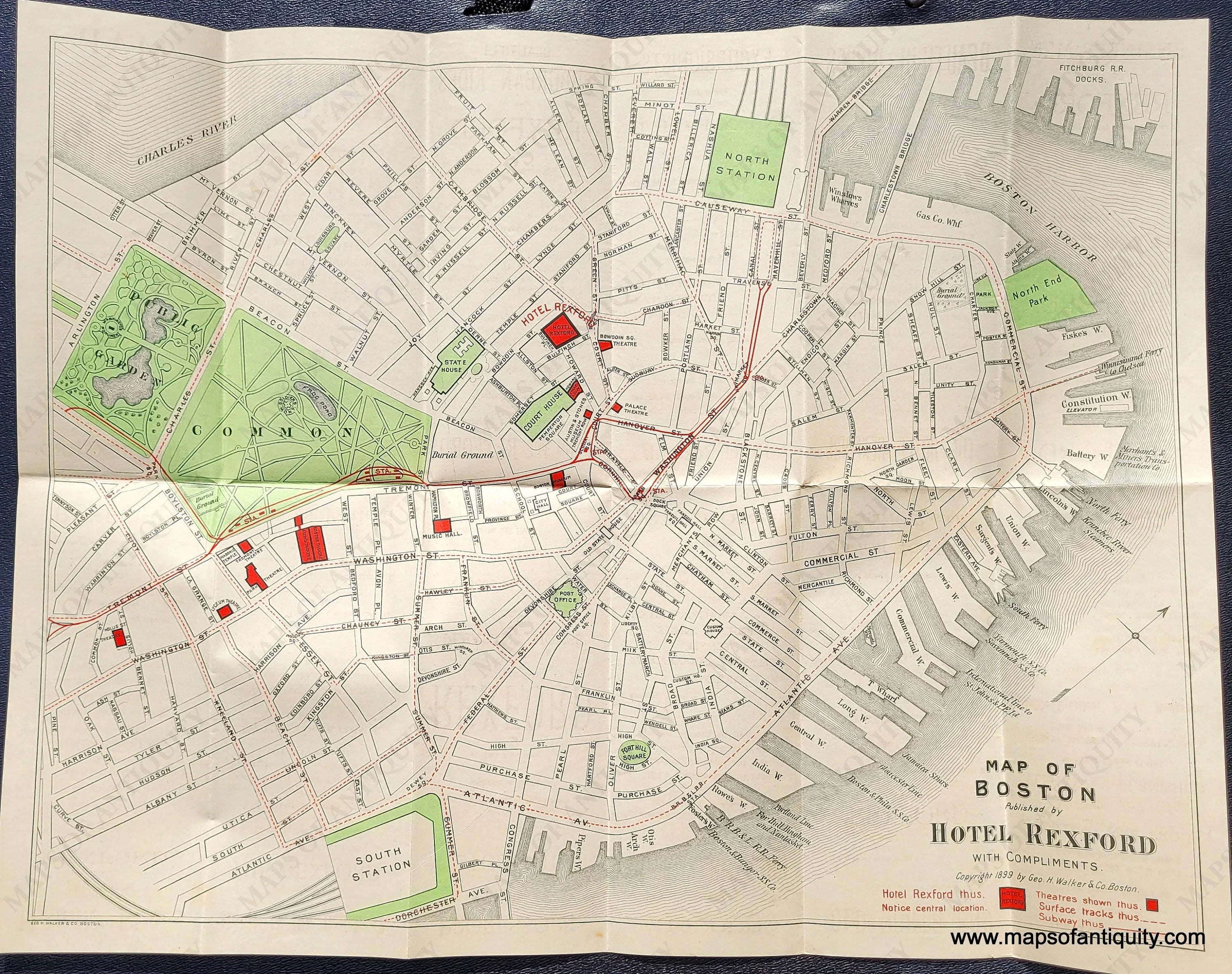 1899 Antique Map Map of Boston published by Hotel Rexford with ...