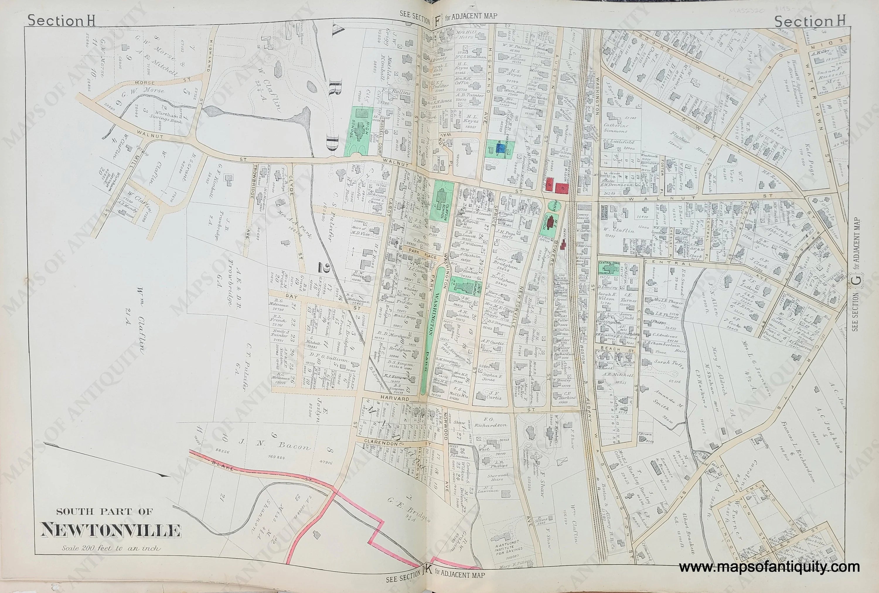 1886 Genuine Antique Map South Part of Newtonville (MA) Section H ...