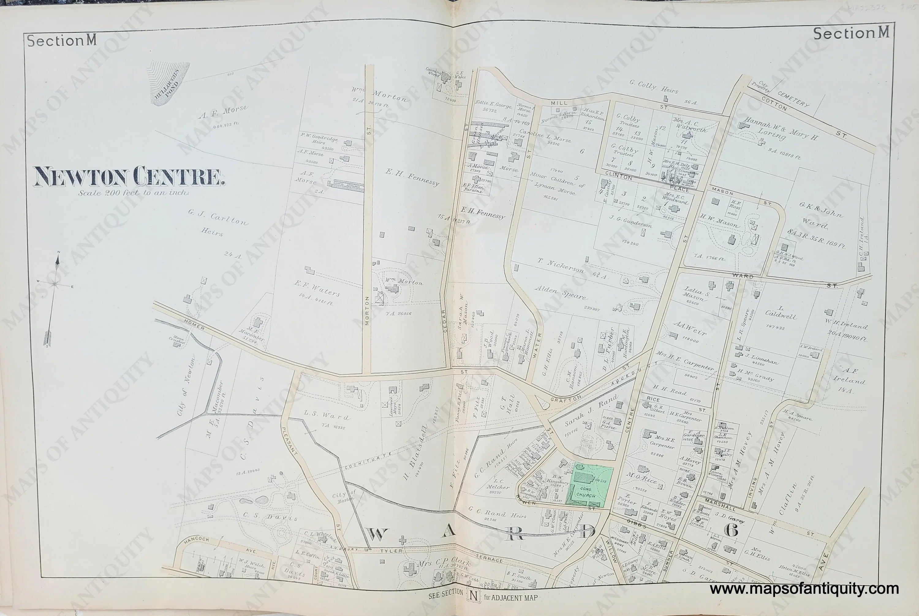 1886 Genuine Antique Map Newton Centre (MA) Section M – Maps of Antiquity