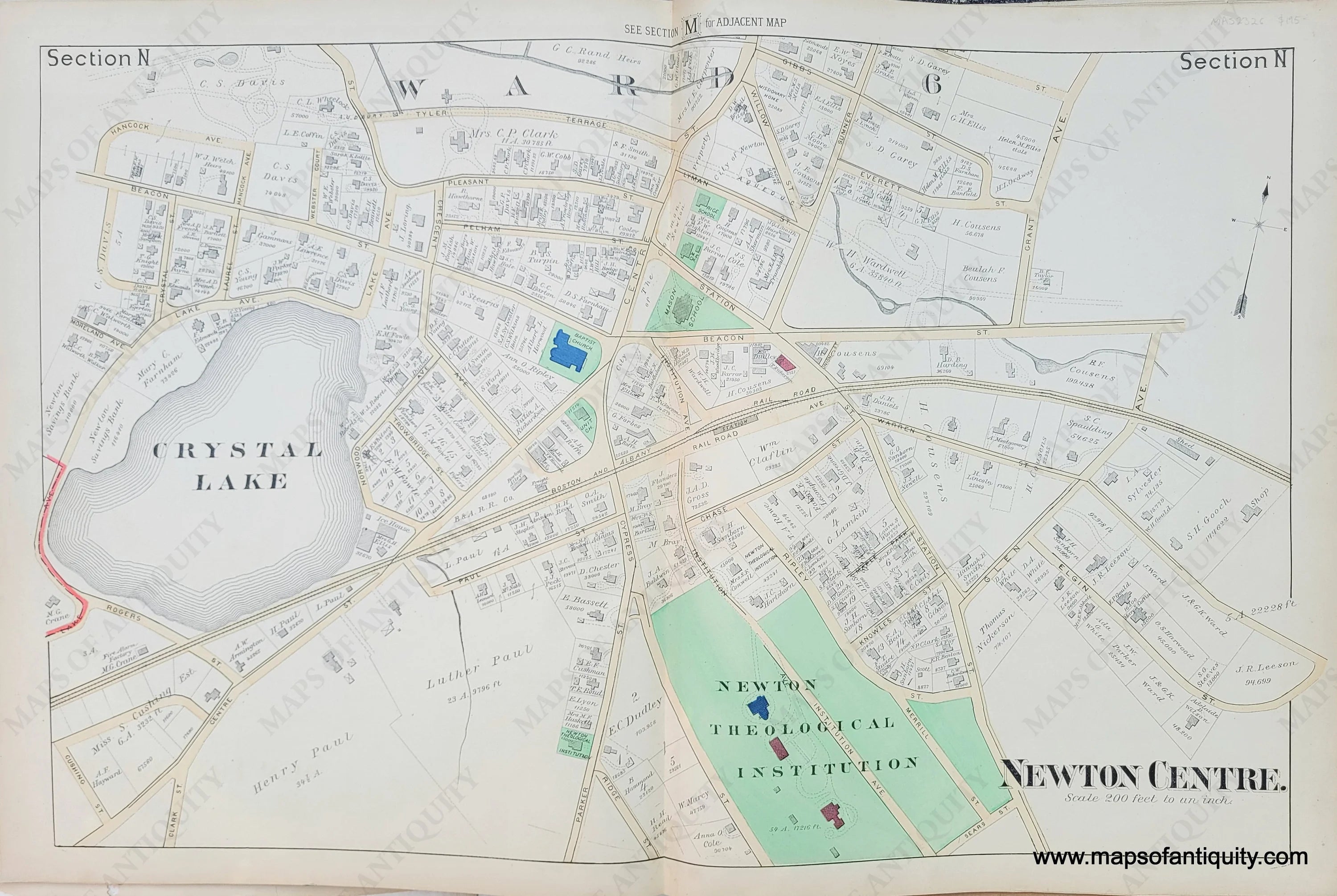 1886 Genuine Antique Map Newton Centre (MA) Section N – Maps of Antiquity