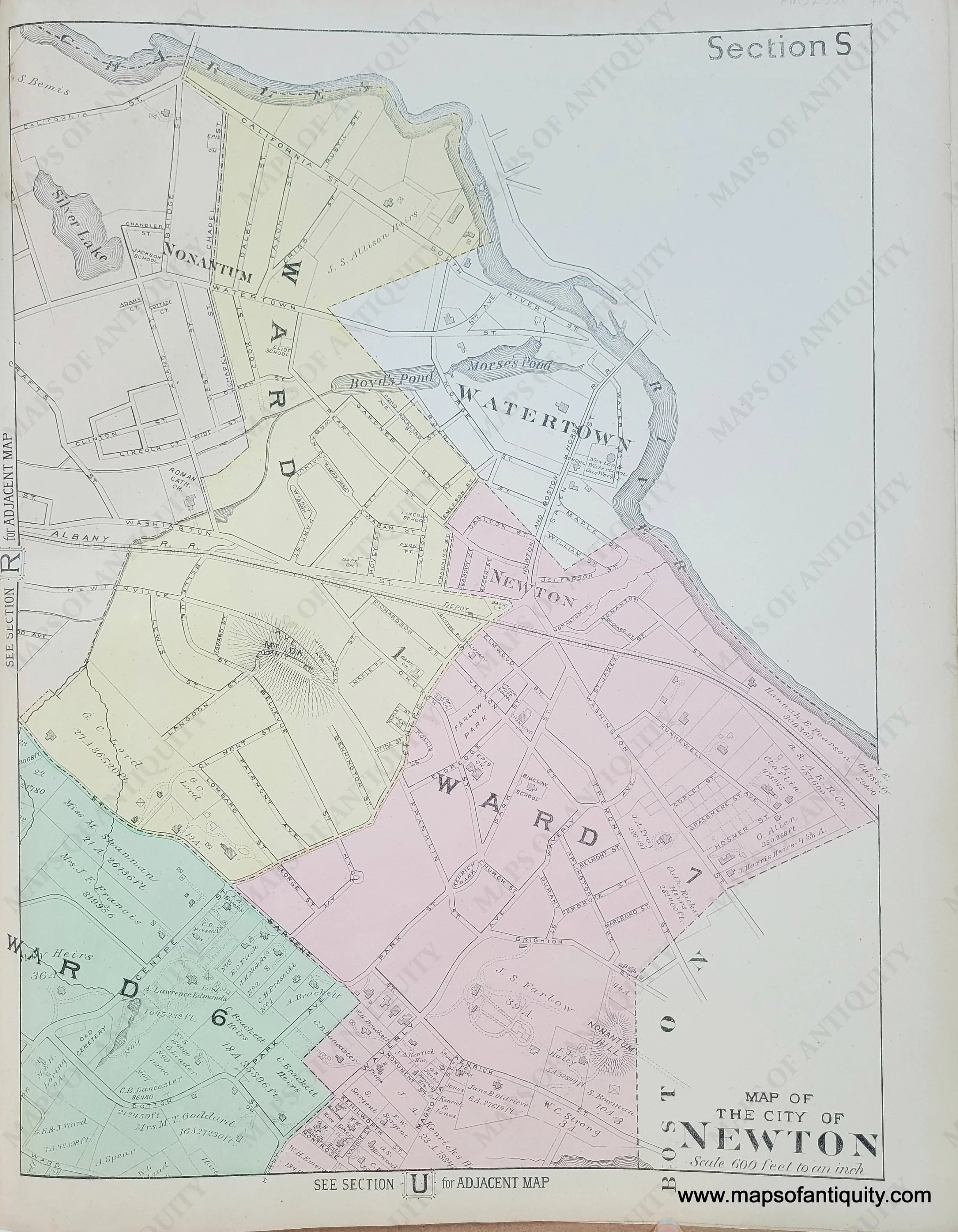 1886 Genuine Antique Map Map of the City of Newton (MA) Section S ...
