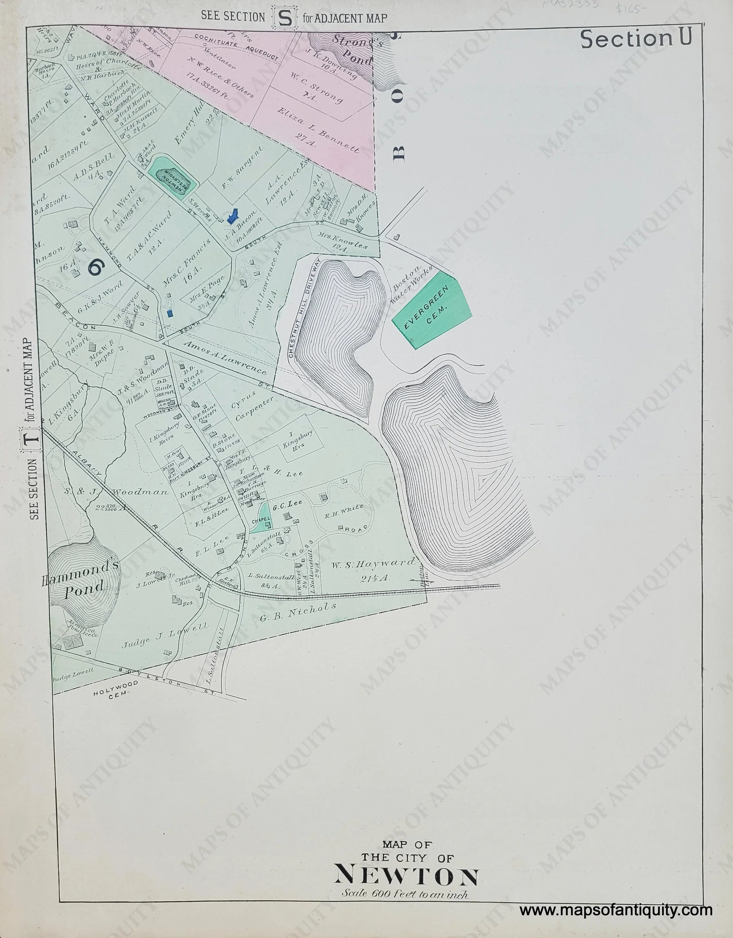 1886 Genuine Antique Map Map of the City of Newton (MA) Section U ...