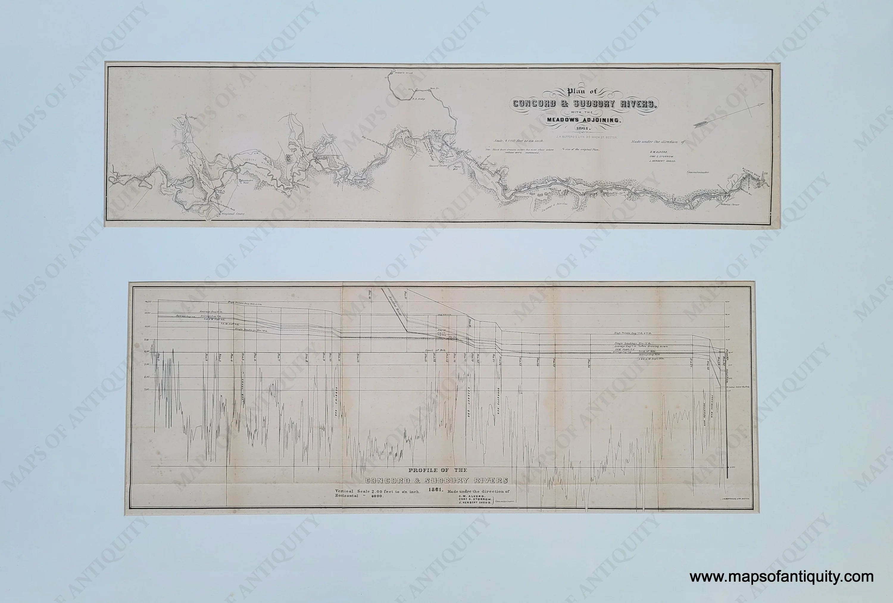 1861 Genuine Antique Map and Diagram Plan of Concord & Sudbury Rivers ...