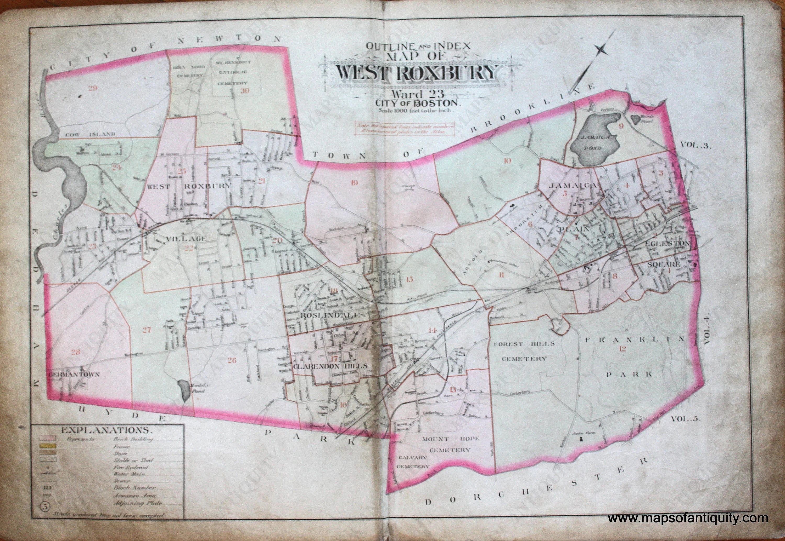1890 Genuine Antique Map Outline and Index Map of West Roxbury, Ward 23 ...