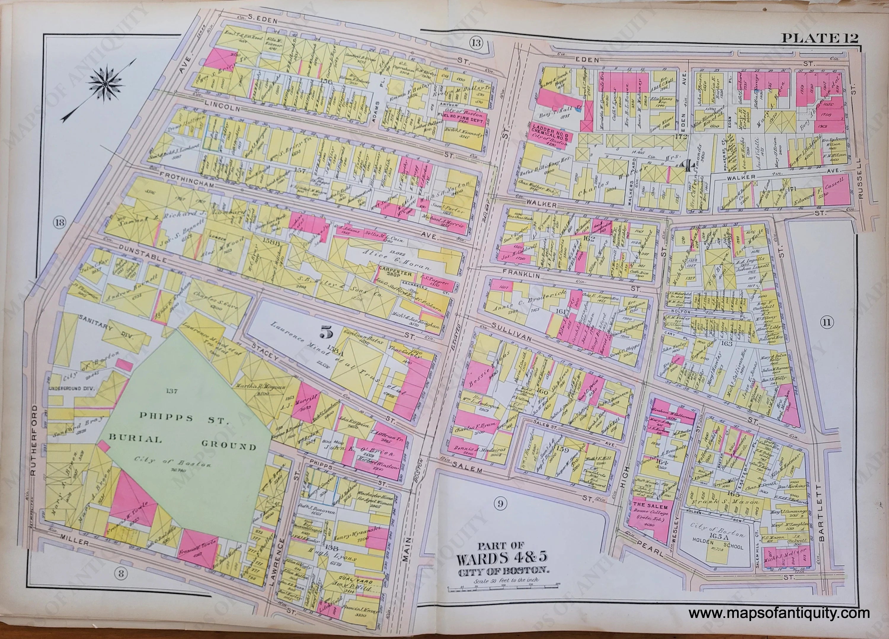 1912 Genuine Antique Map Plate 12, Charlestown - Part of Wards 4 & 5 ...