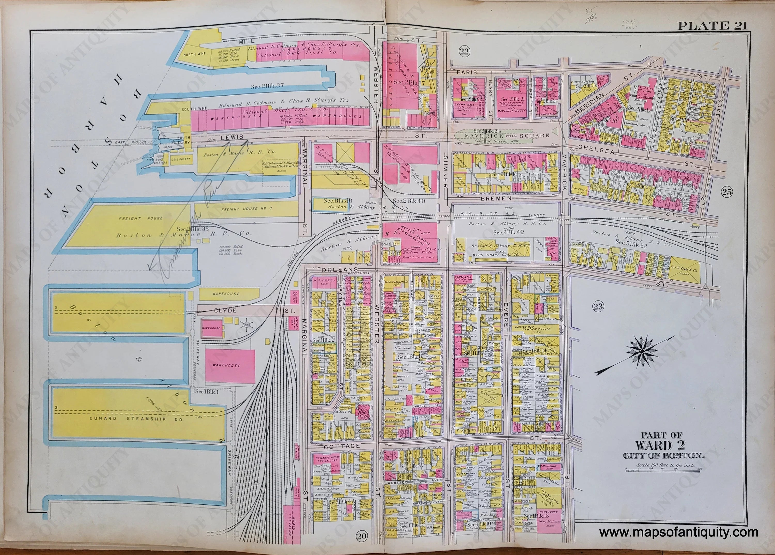 1912 Genuine Antique Map Plate 21, East Boston - Part of Ward 2, City ...