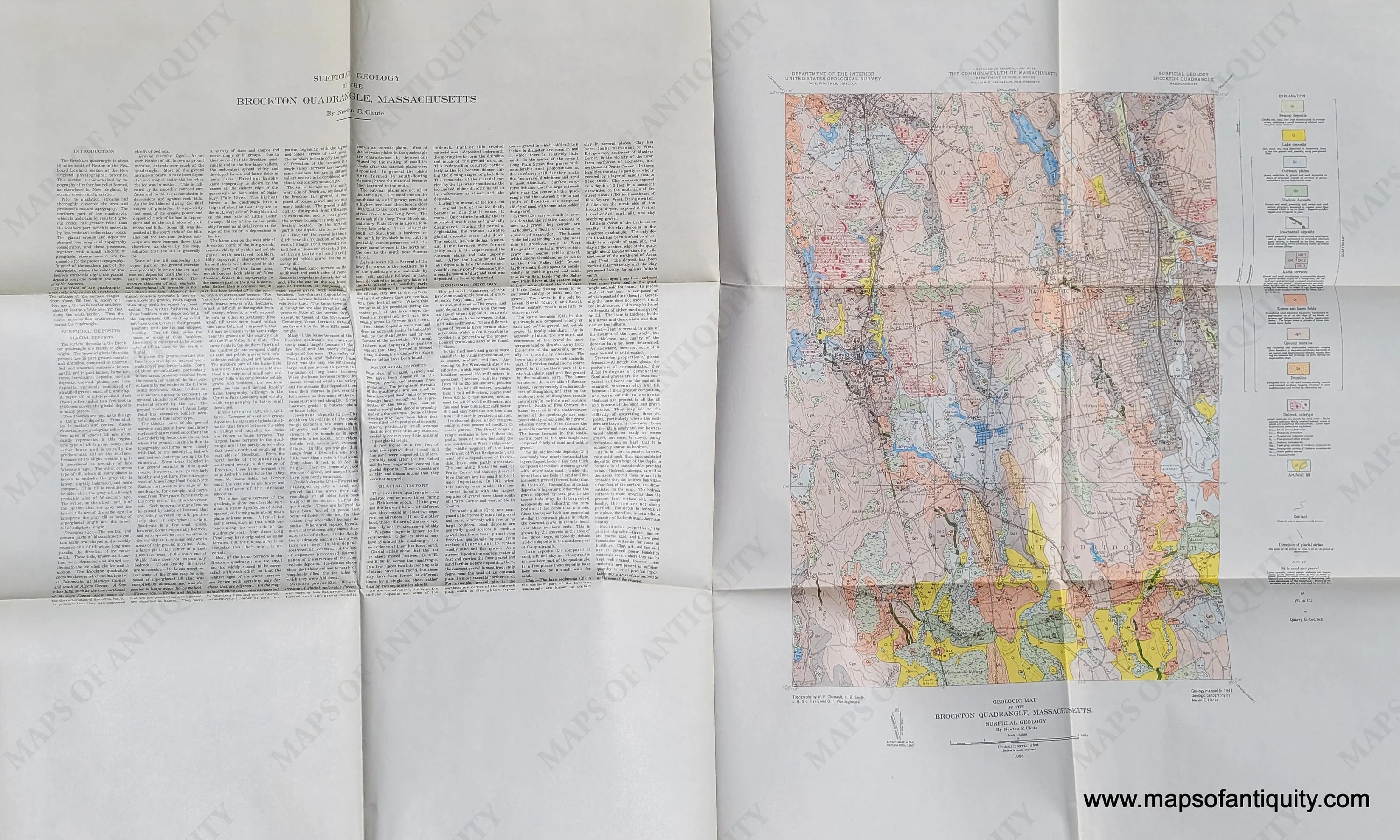 1950 Genuine Vintage Map Surficial Geology of the Brockton Quadrangle ...