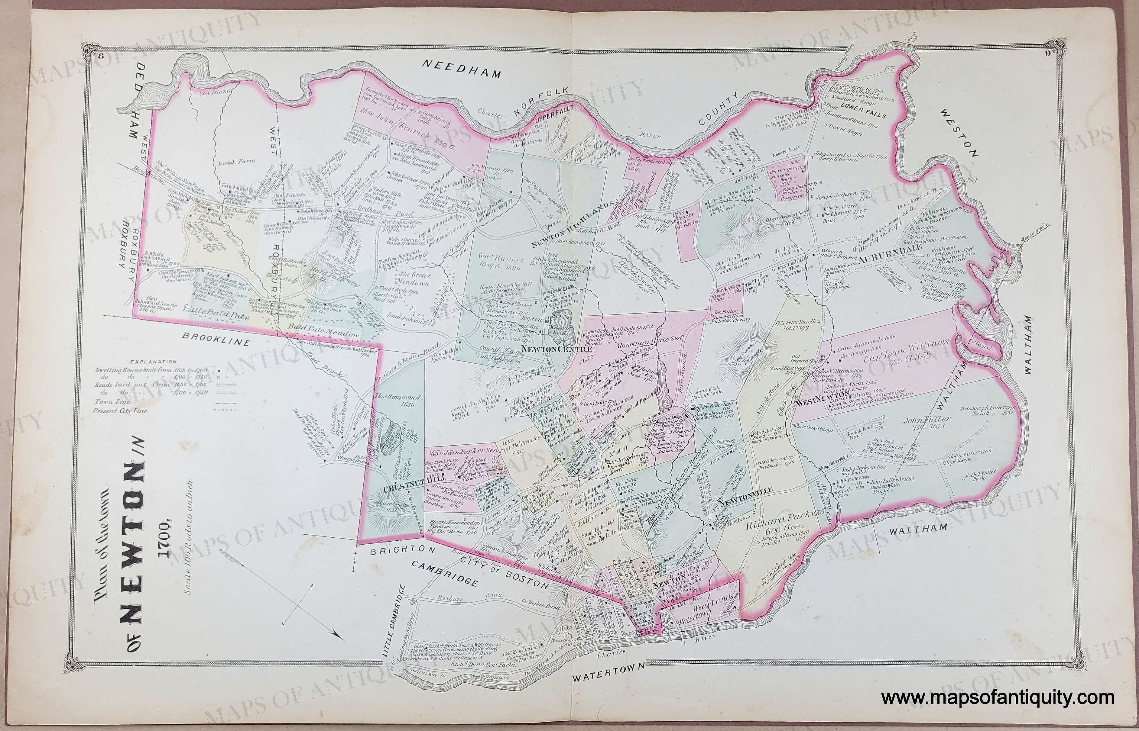 1874 Genuine Antique Map Plan of the town of Newton in 1700 ...