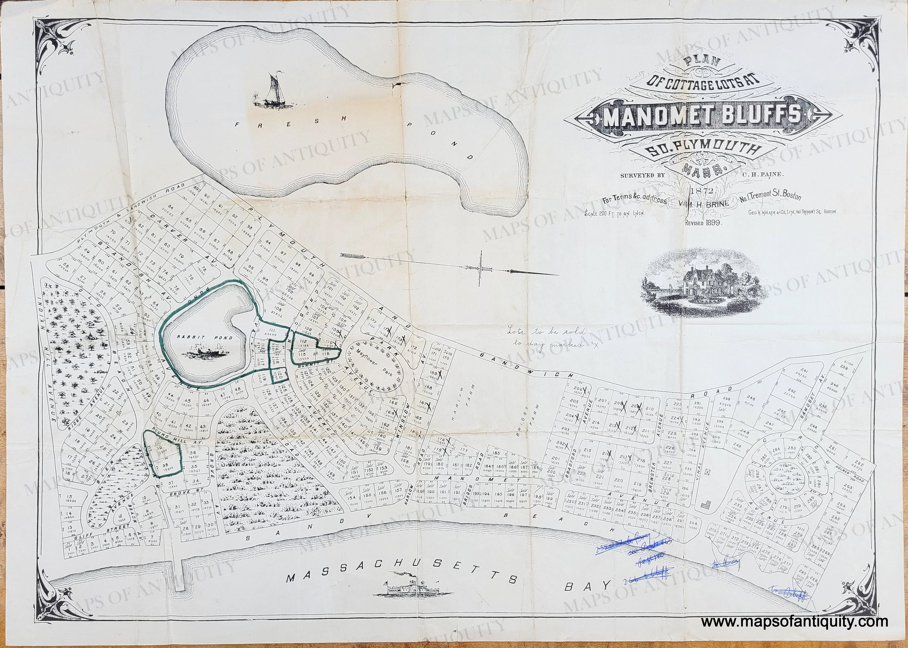 1899 Genuine Antique Map Plan of Cottage Lots at Manomet Bluffs, So ...