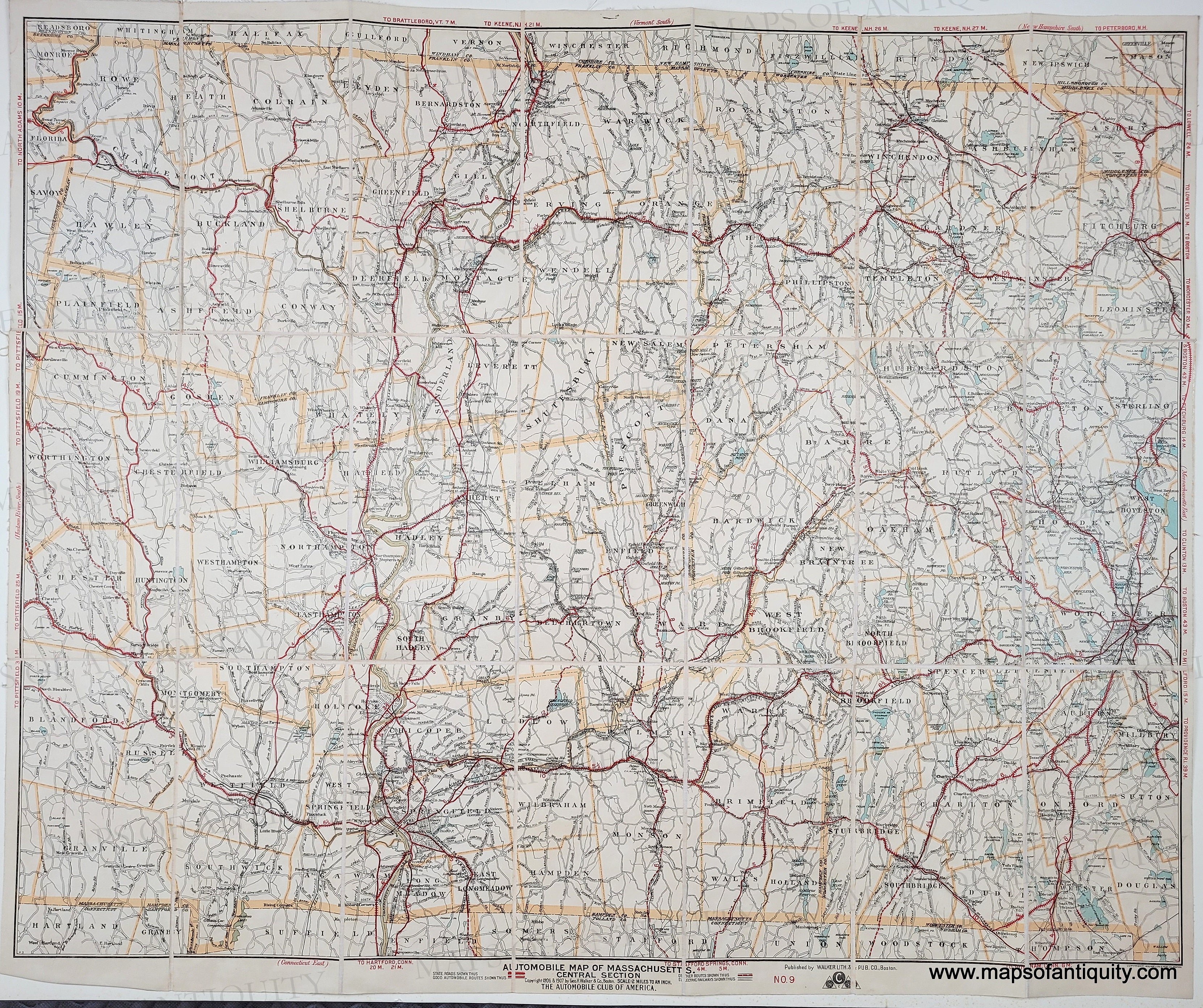 1915 - Automobile Map of Central Massachusetts (No. 9) - Genuine Antiq ...