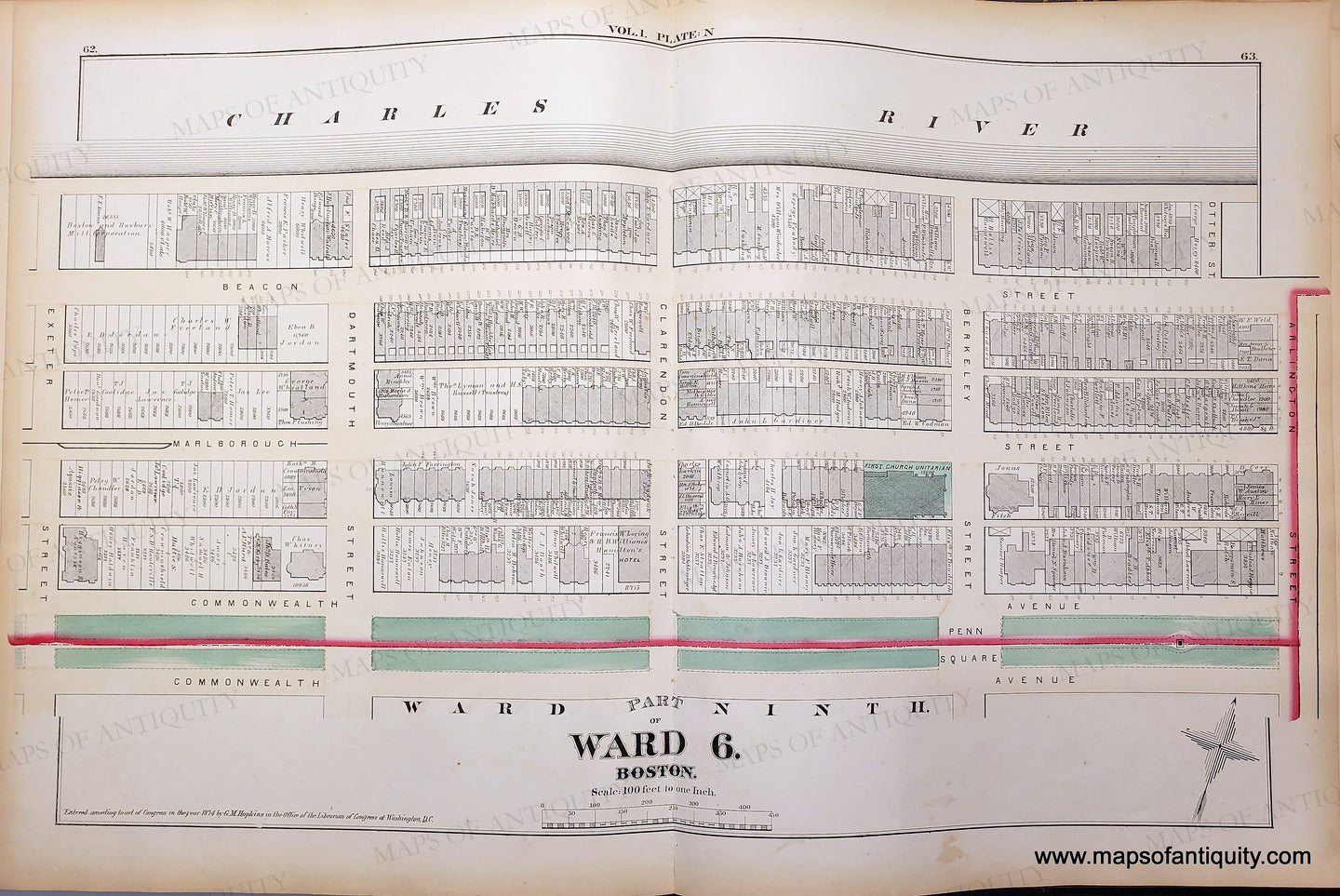 1874 - Part of Ward 6. Boston. Plate N. - Antique Map – Maps of Antiquity