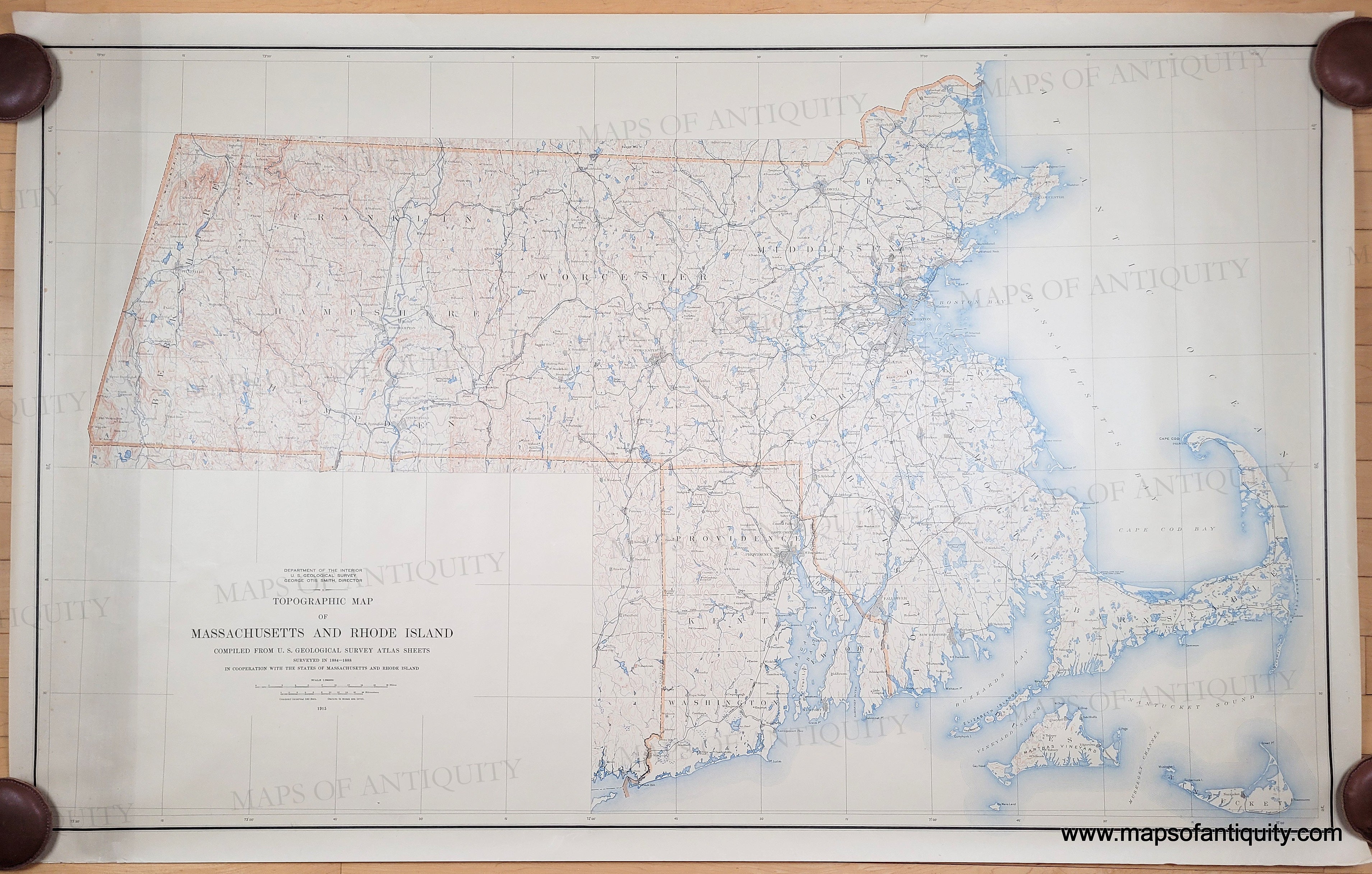 1915 - Topographic Map of Massachusetts and Rhode Island - Genuine Ant ...