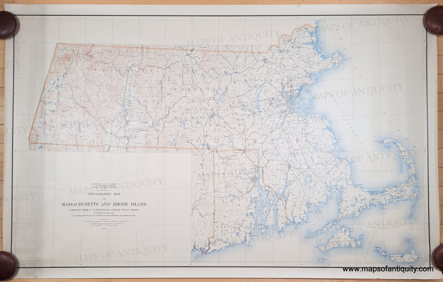 1915 - Topographic Map of Massachusetts and Rhode Island - Genuine Ant ...