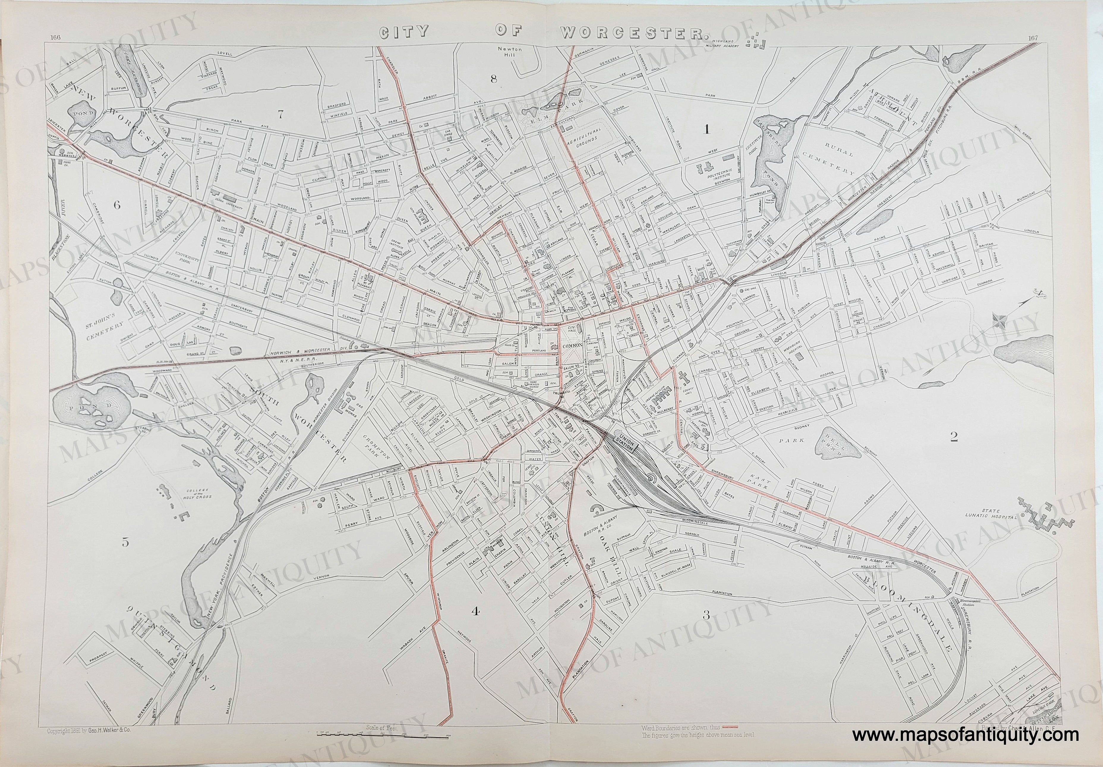 1891 - City of Worcester (MA) p.166-167 - Antique Map – Maps of Antiquity