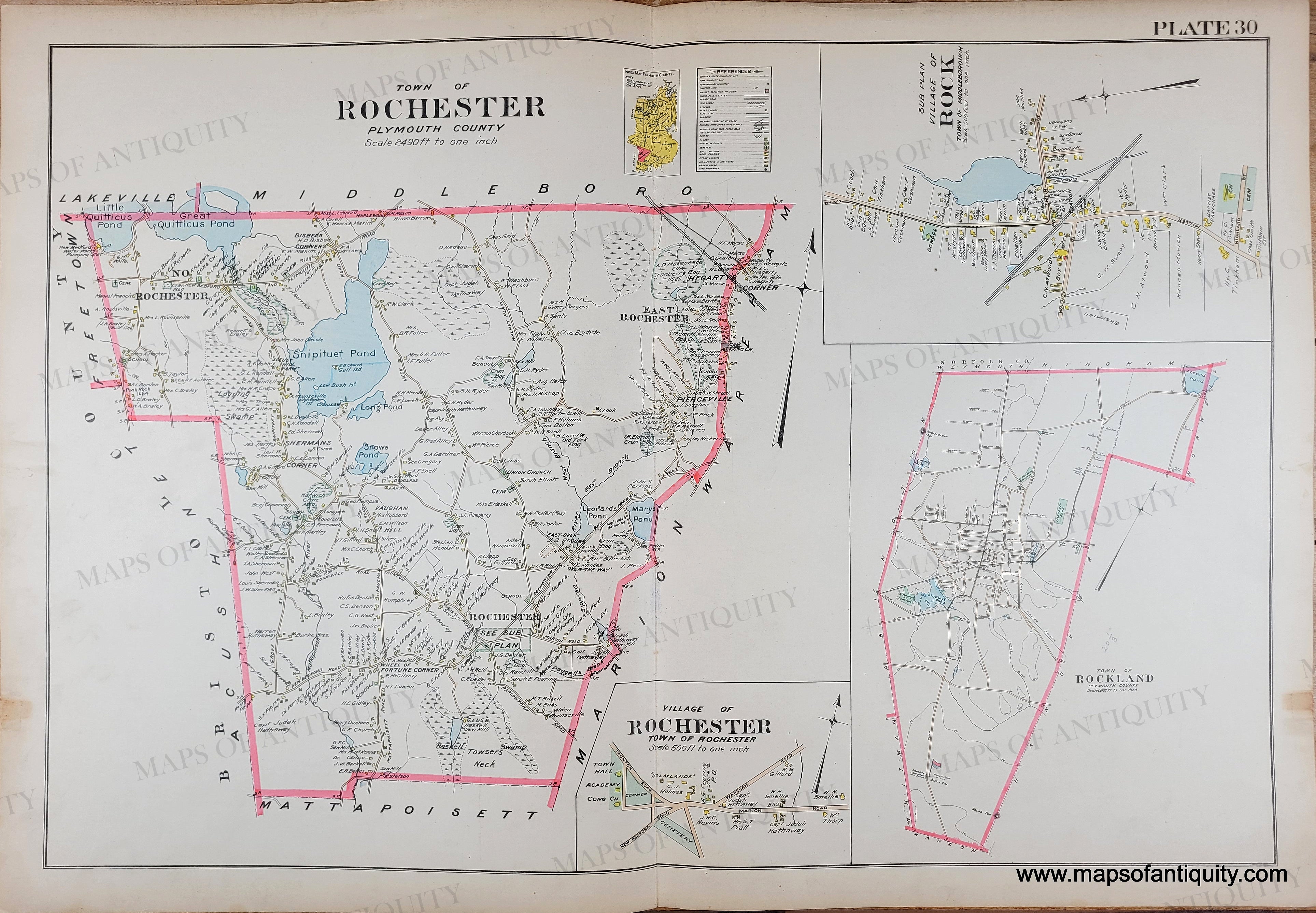 1903 - Town of Rochester and Town of Rockland Plate 30 (MA) - Antique ...