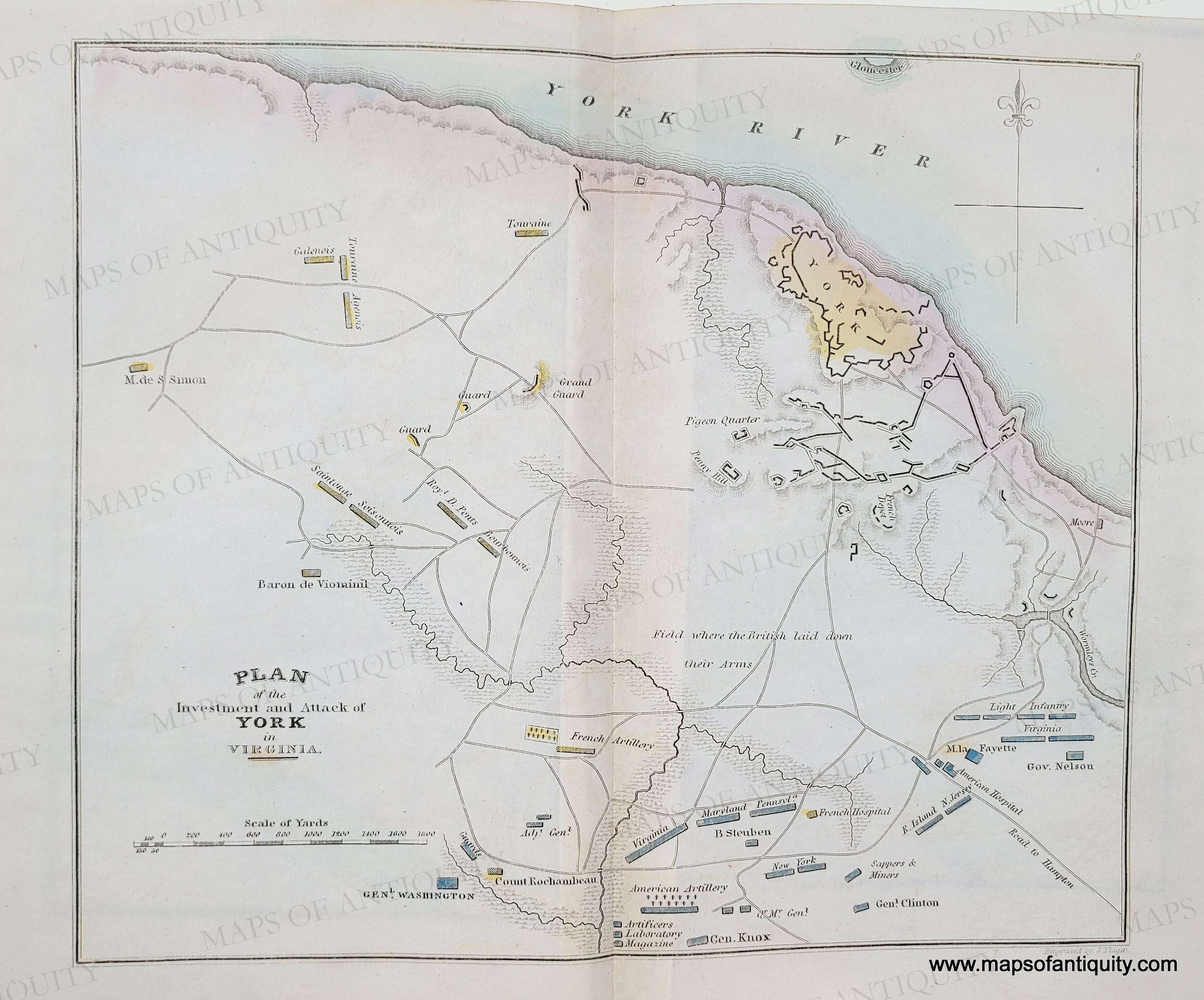 1832 - Plan of the Investment and Attack of York, Virginia - Antique M ...