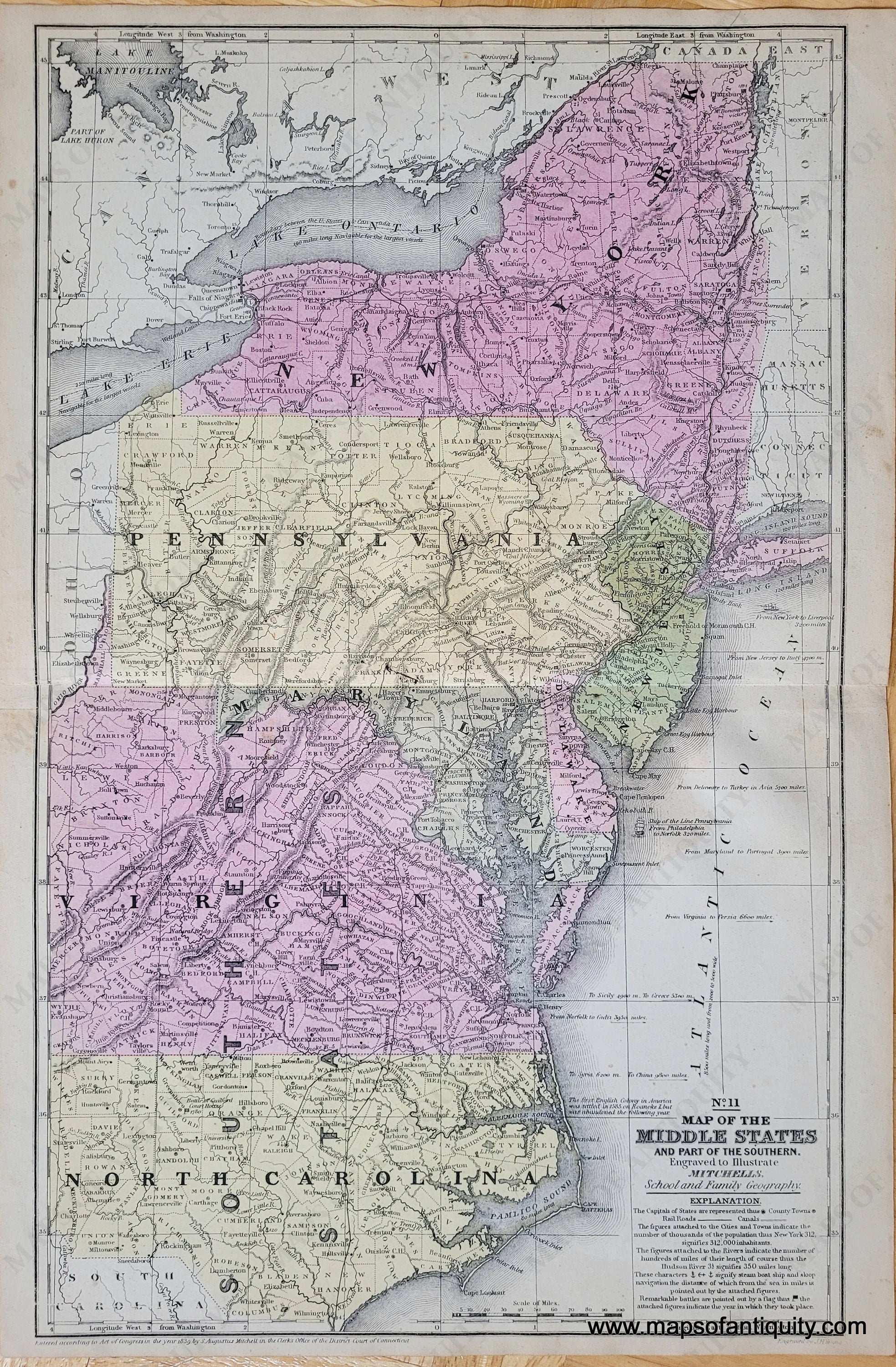 1851 Genuine Antique Map No. 11 Map of the Middle States and Part of ...