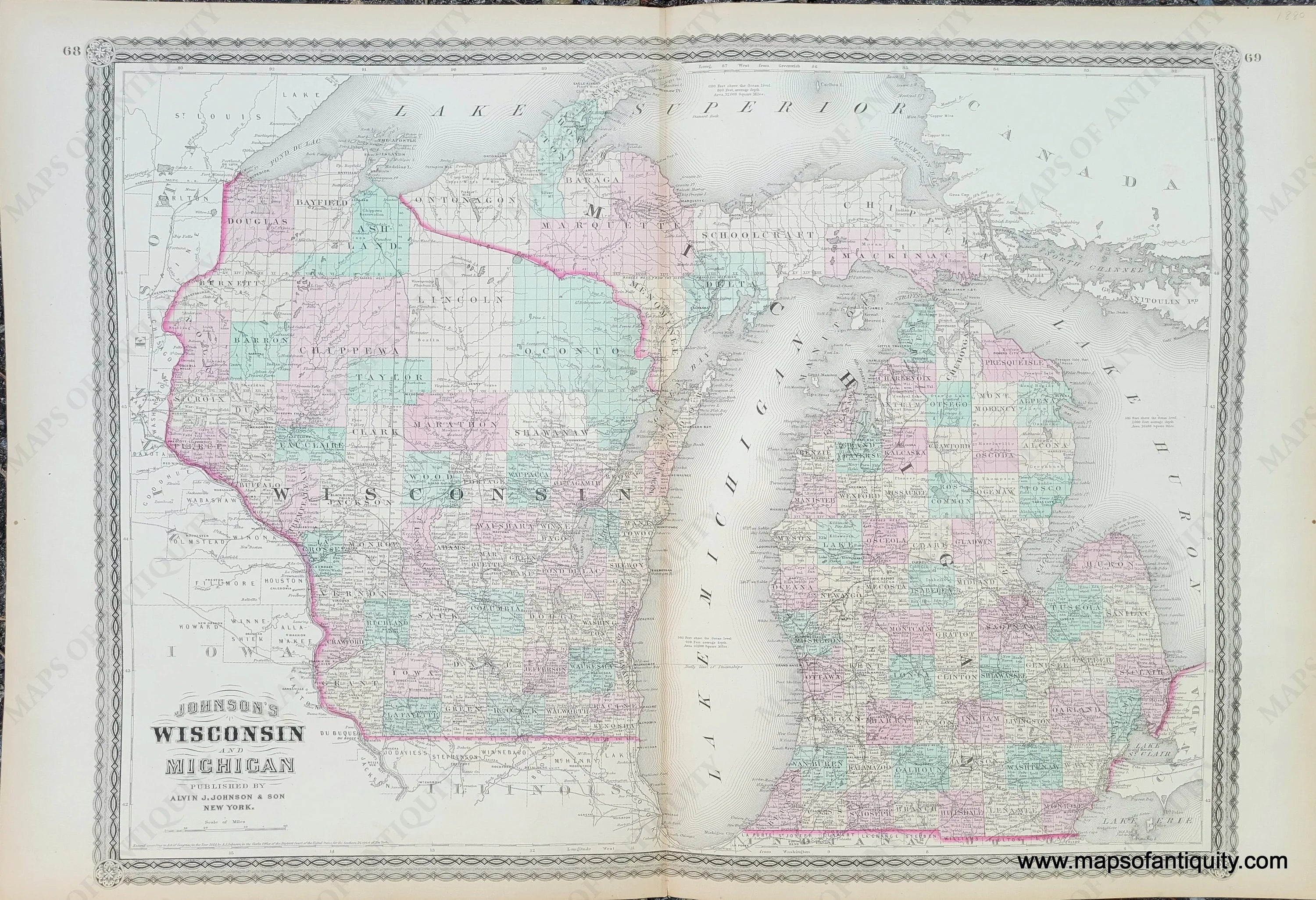 1880 - Wisconsin and Michigan - Antique Map – Maps of Antiquity