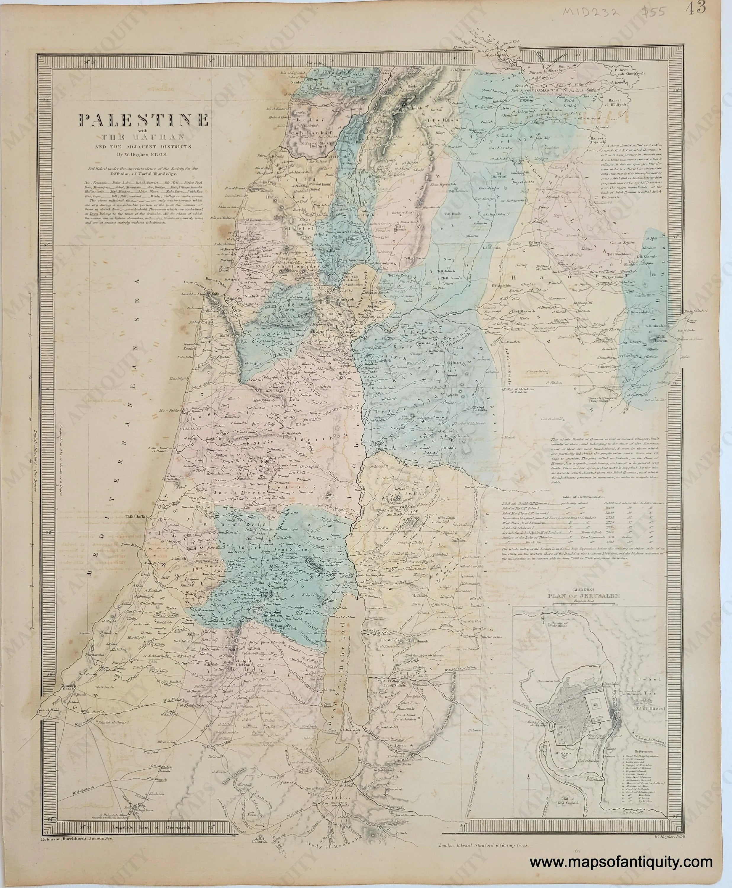 1860 Genuine Antique Map Palestine with the Hauran and the Adjacent ...