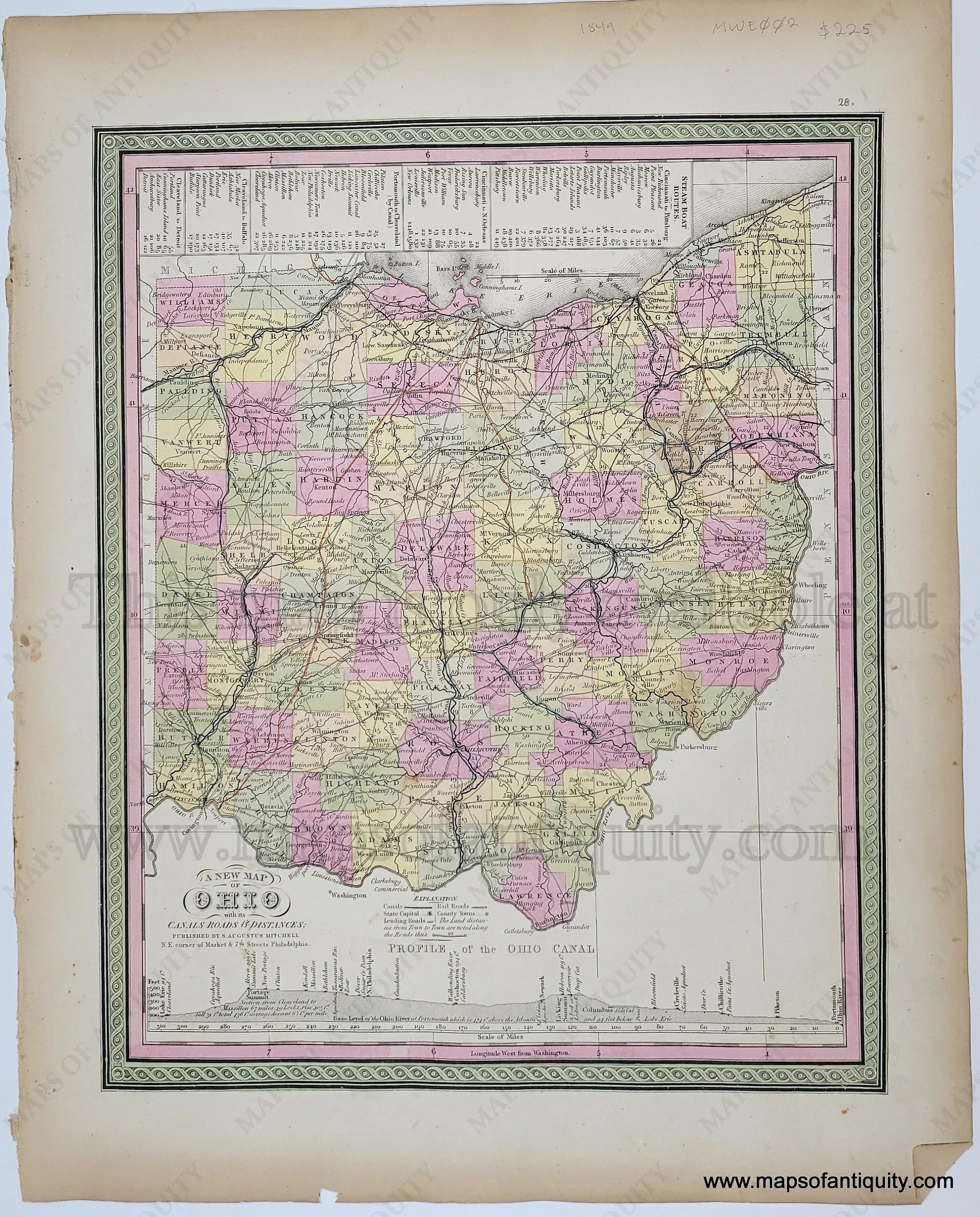 1849 - A New Map of Ohio, with its Canals, Roads, & Distances. - Antiq ...