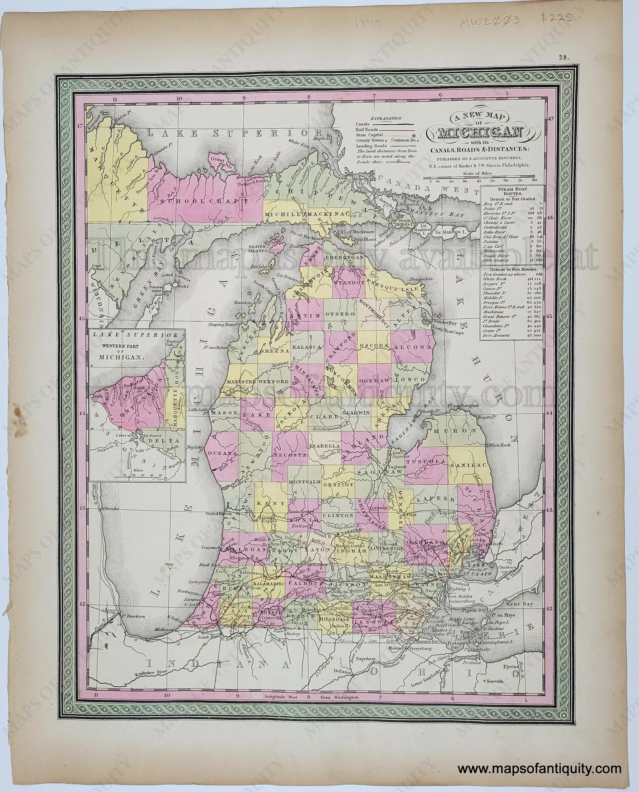 1849 - A New Map of Michigan, with its Canals, Roads, & Distances. - A ...