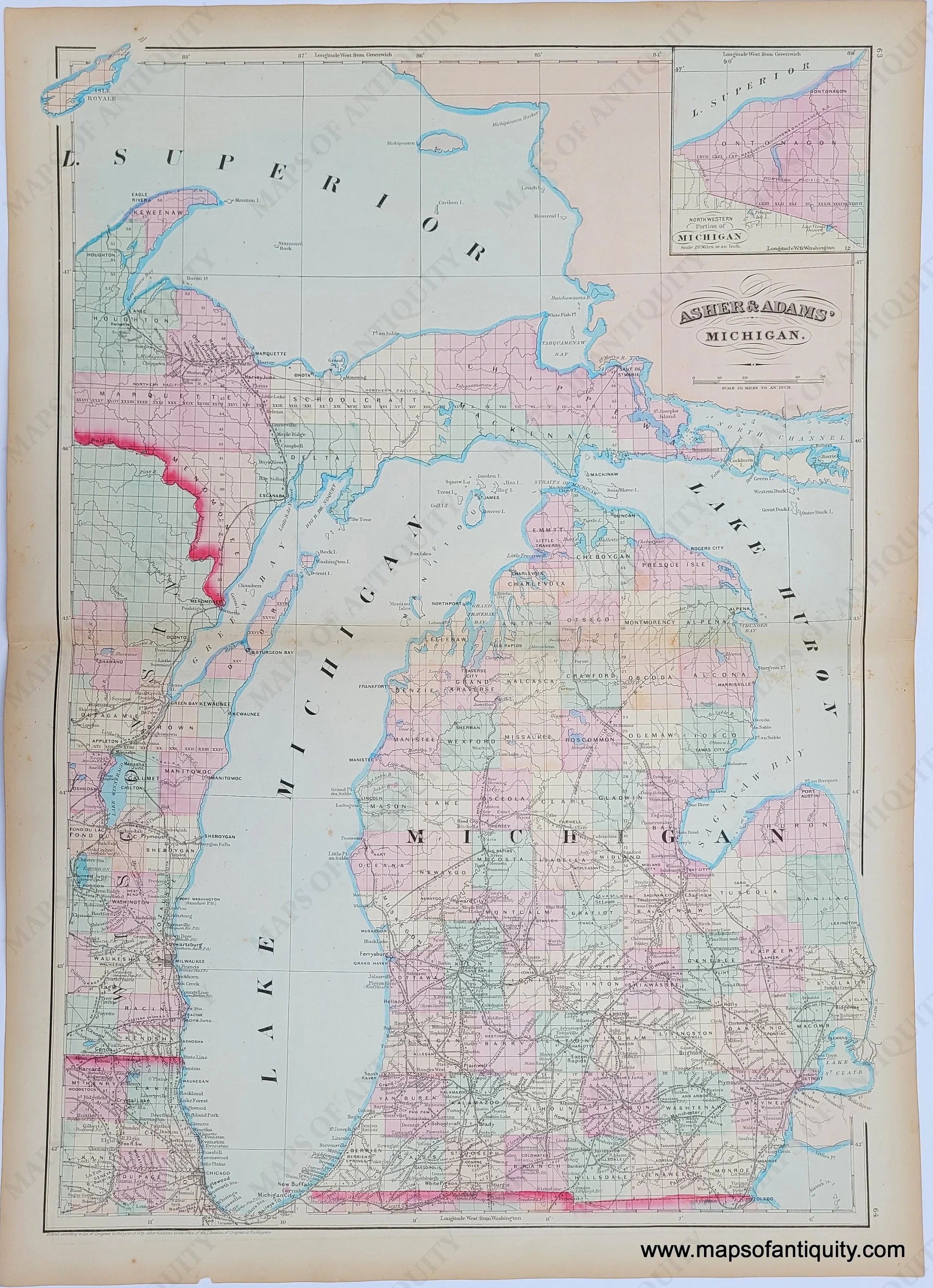 1872 - Asher & Adams' Michigan. - Antique Map – Maps of Antiquity