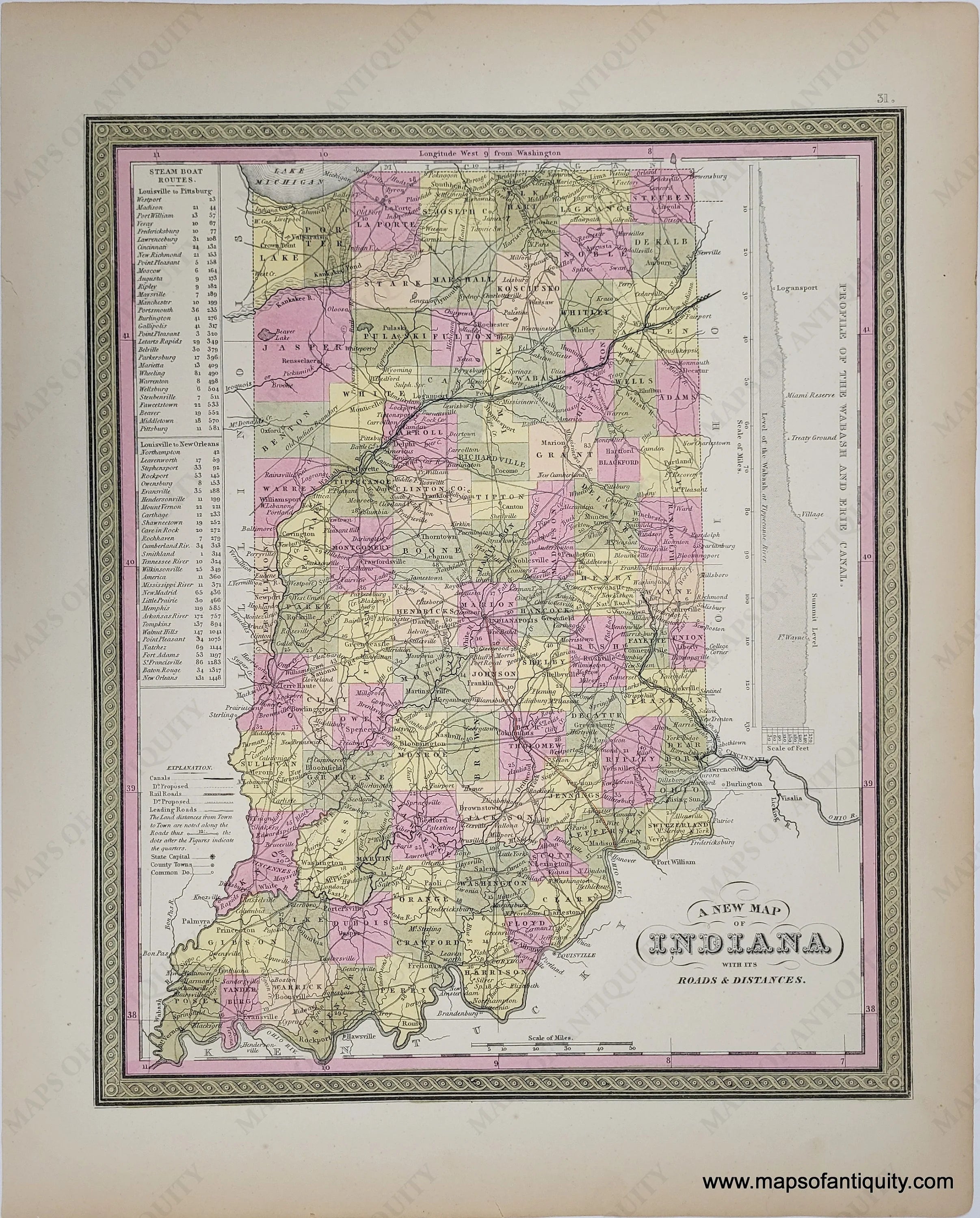 1850 - A New Map of Indiana with its Roads & Distances. - Antique Map ...