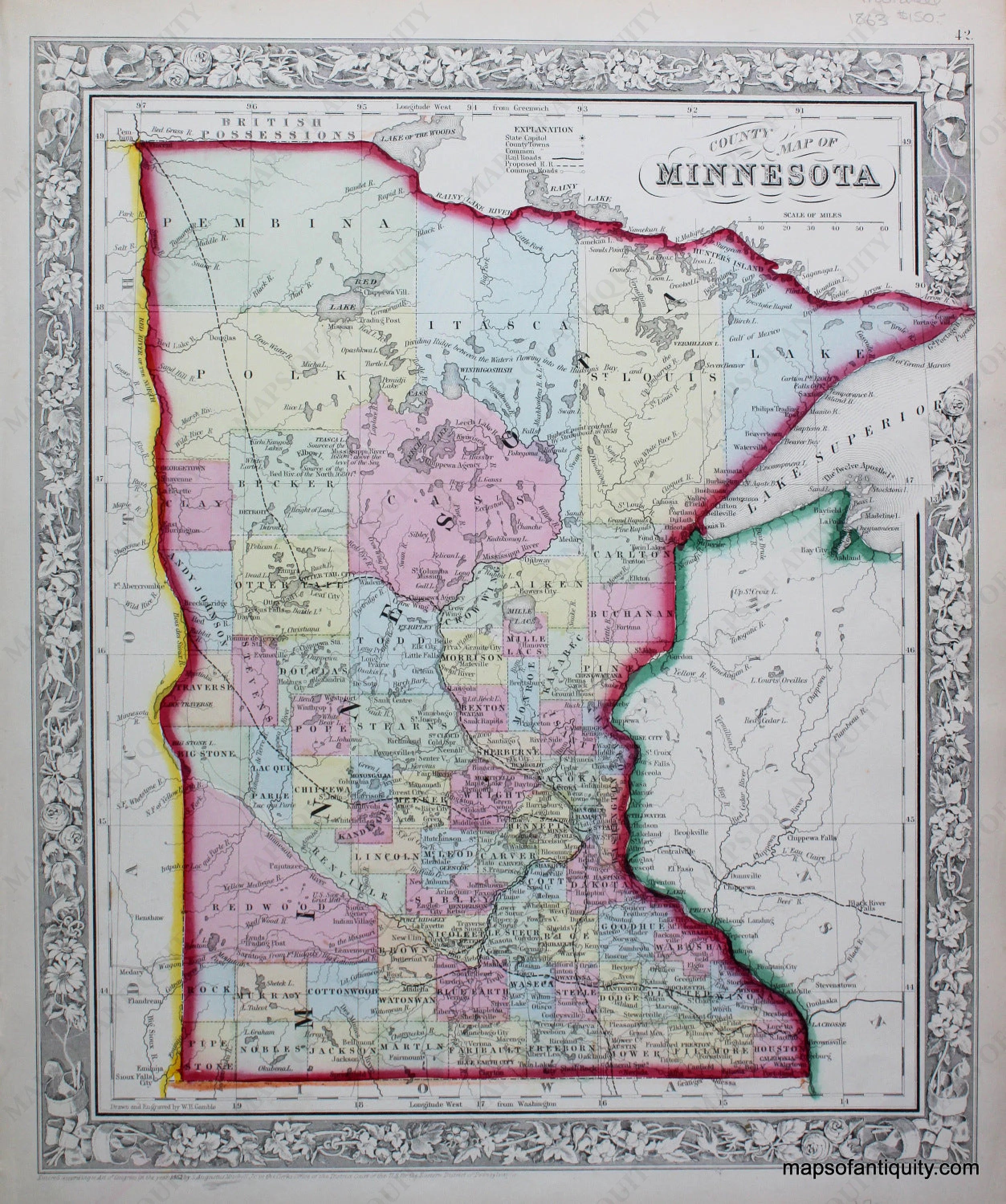 1862 - County Map of Minnesota - Antique Map – Maps of Antiquity