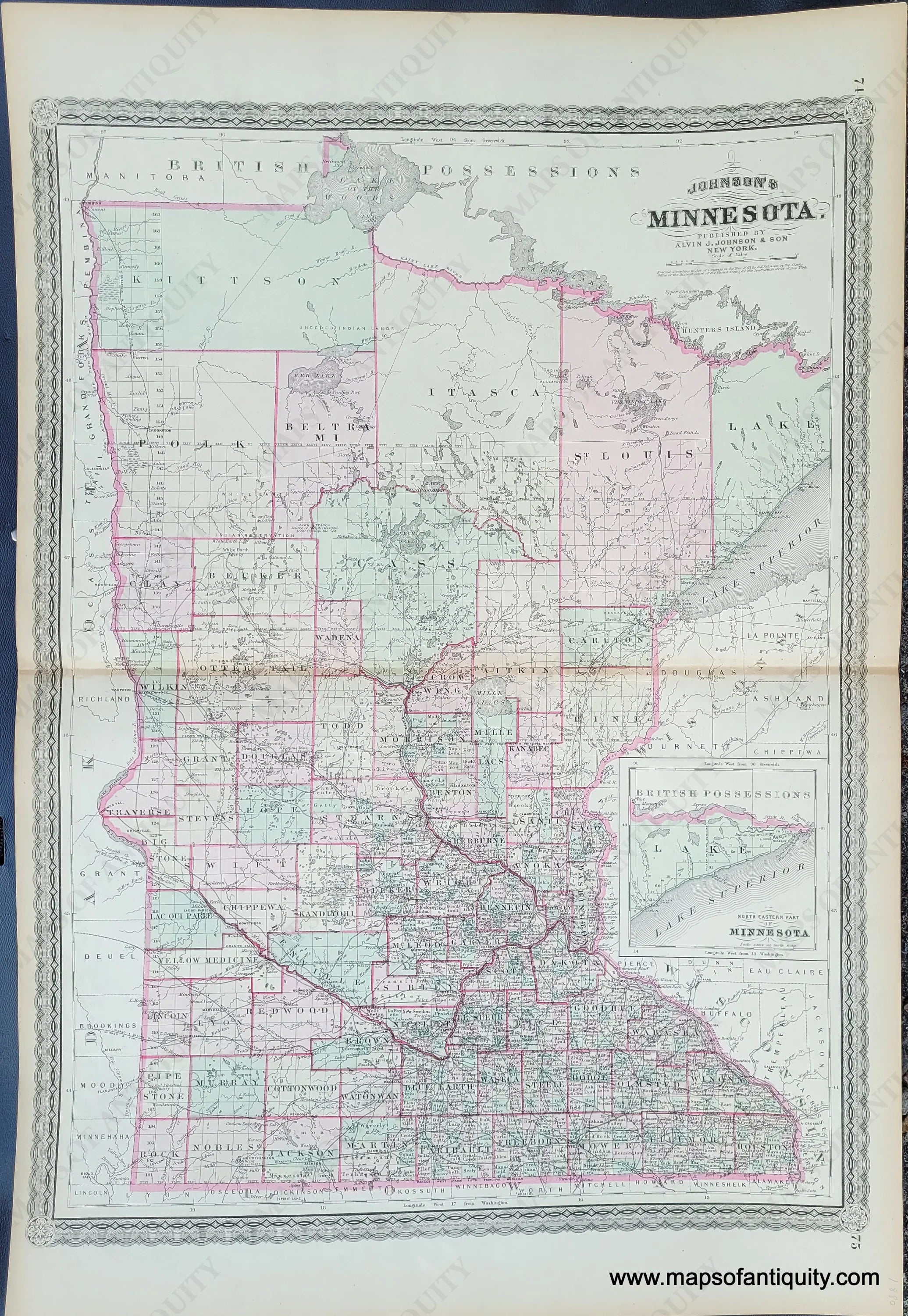 1880 - Johnson's Minnesota - Antique Map – Maps of Antiquity